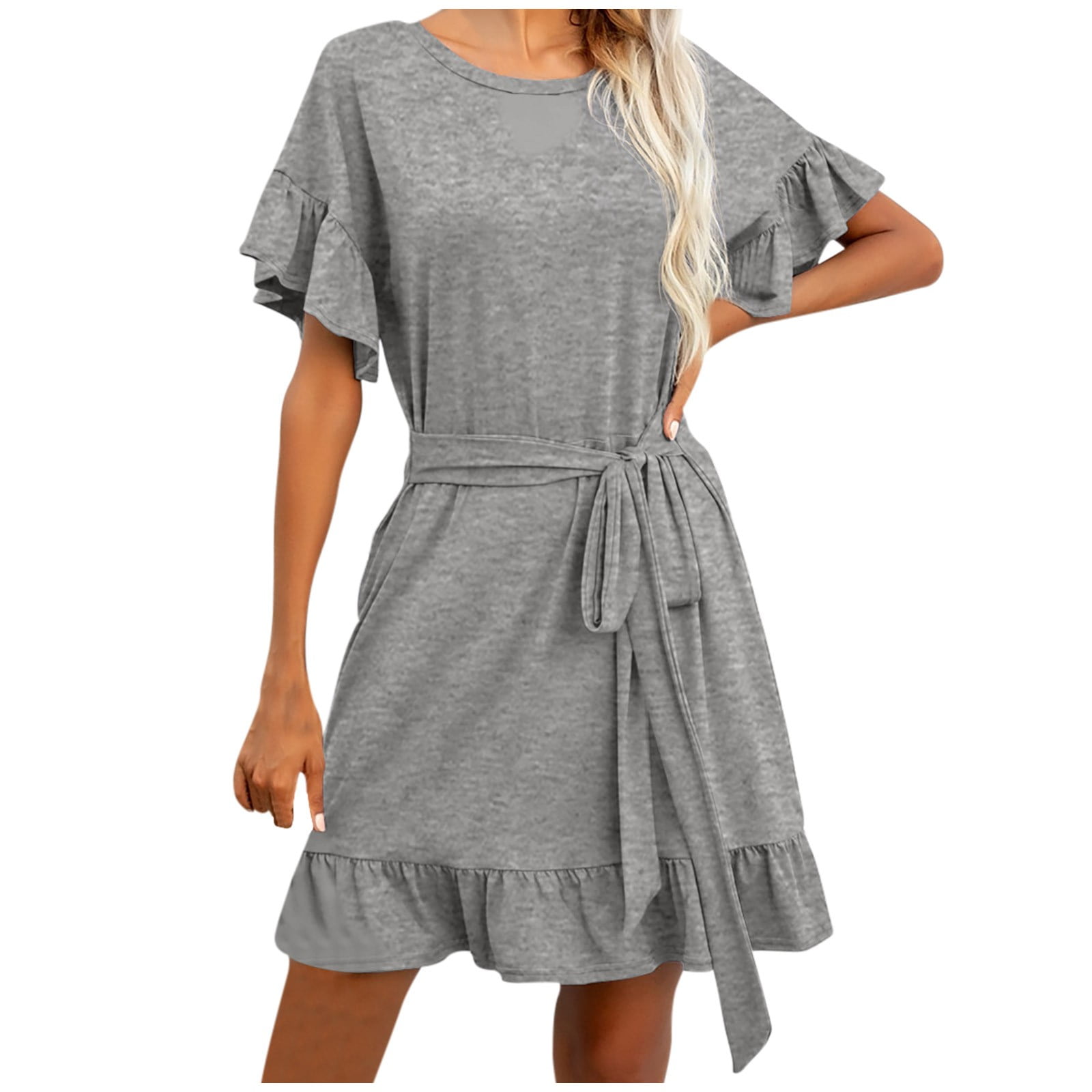 Jalioing Mini Ruffle Dresses for Women Summer Sundress Lace-Up Short ...