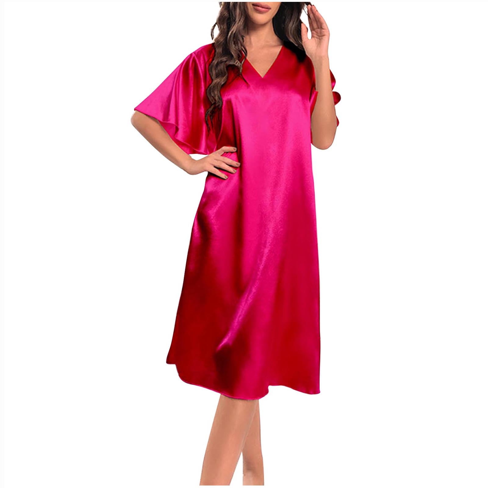 Jalioing Pajamas Nightdress for Women Satin Short Sleeve Mid-Long ...