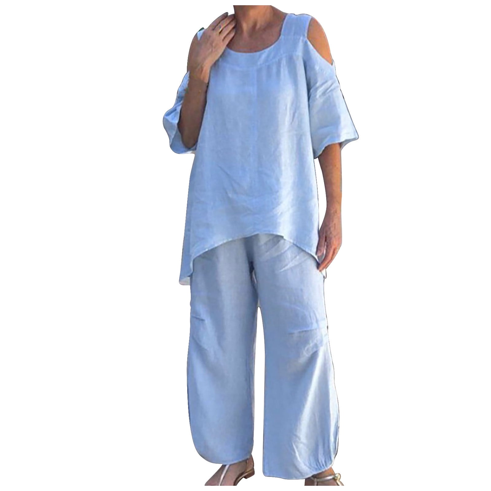 Jalioing Plus Size Cotton Linen Set Women Lounge Sets Long Sleeve Mid ...