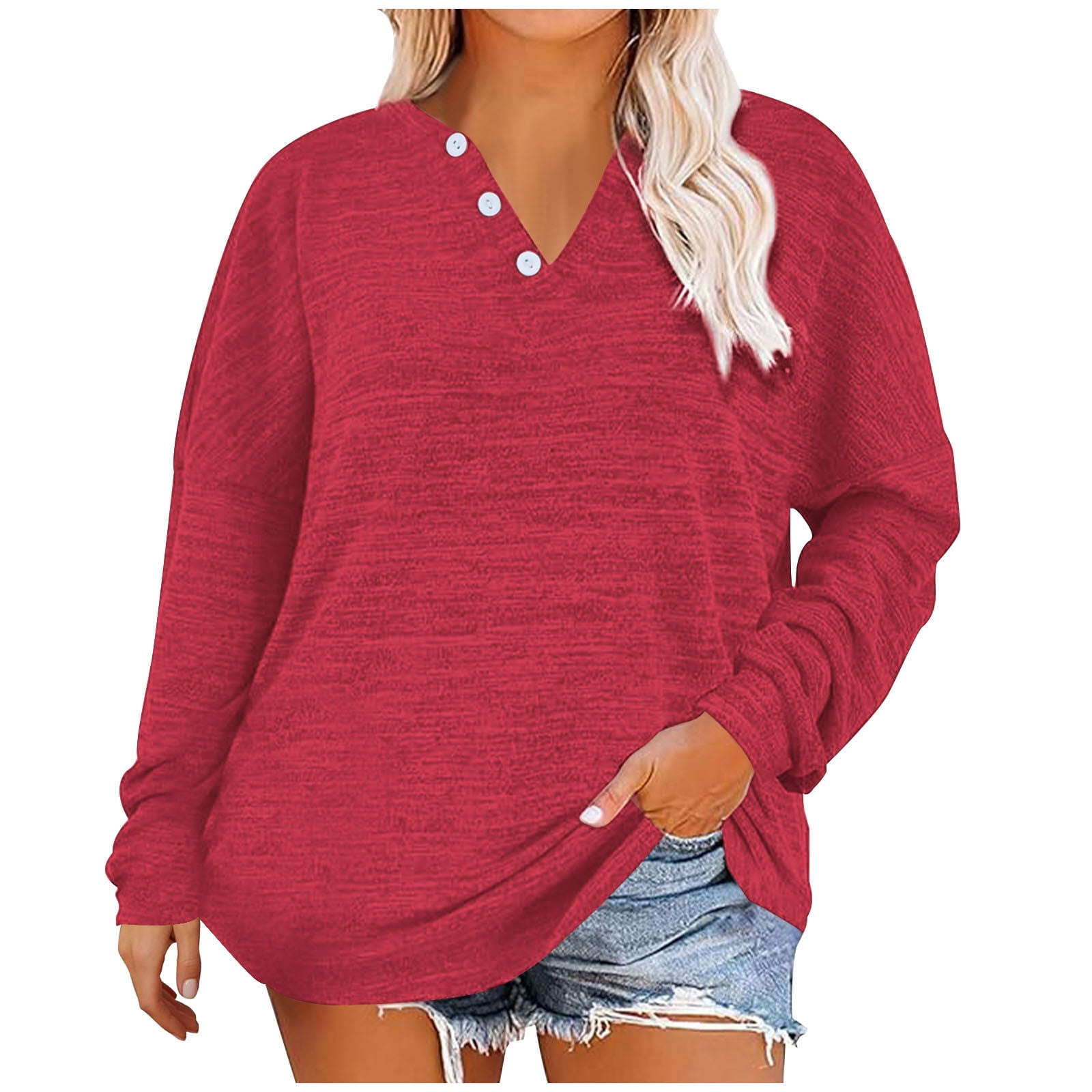 Jalioing Plus Size Tops for Women V Neck Long Sleeve T Shirts Oversized ...