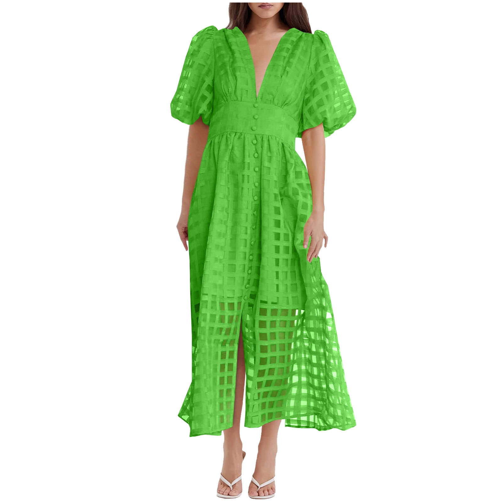 Jalioing Summer Puff Sleeves Dress Dressy Casual Sundress Short Sleeve Deep V Neck Button Slit