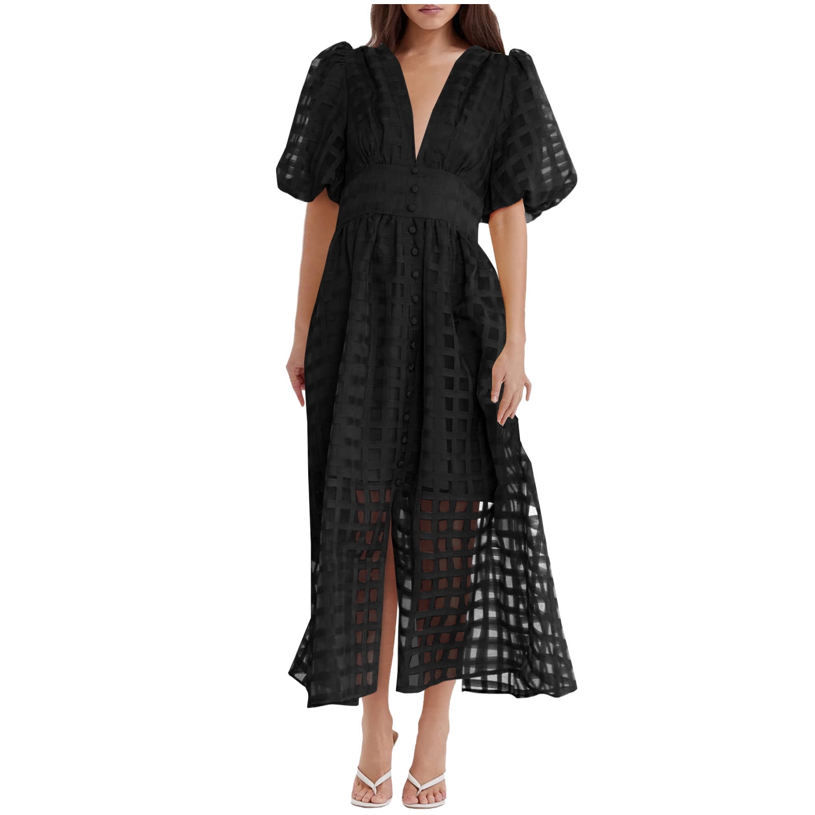 Jalioing Summer Puff Sleeves Dress Dressy Casual Sundress Short Sleeve