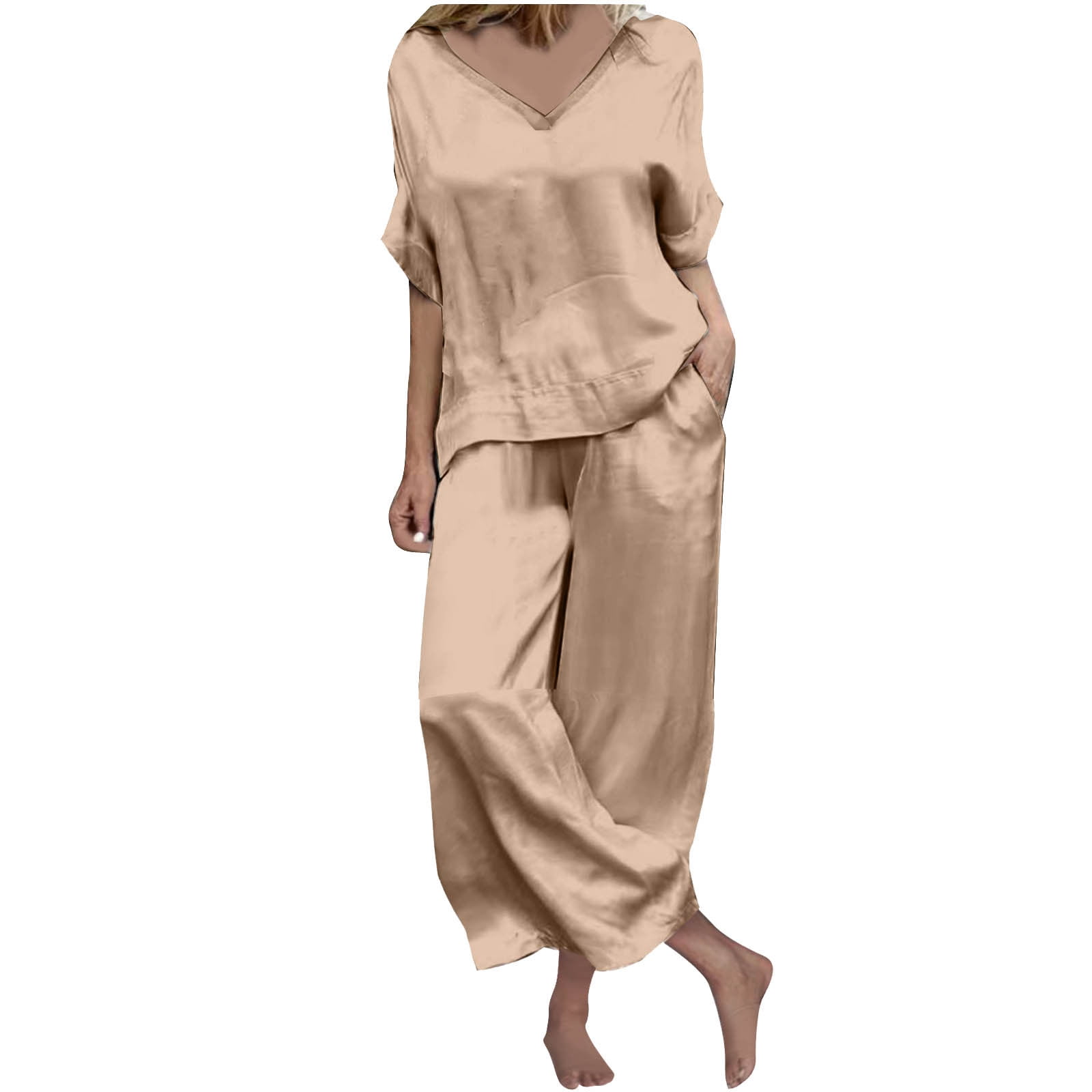 Jalioing Summer Satin Pajamas Outfits for Women Lapel Short Sleeve ...