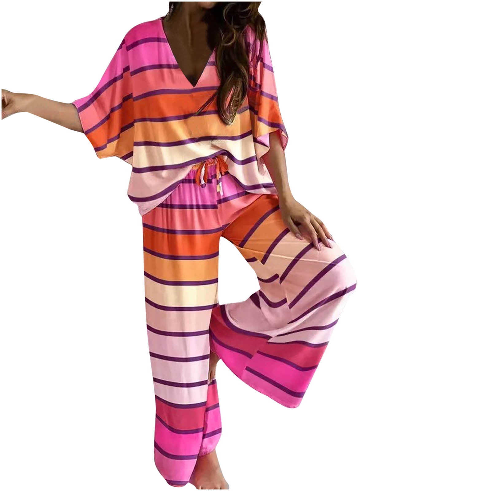 Jalioing Summer Two Piece Lounge Sets For Women Gradient Casual Suits 34 Sleeve Shirt With Wide