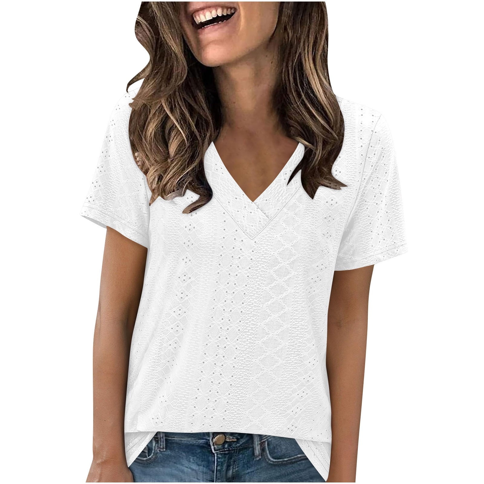 Jalioing Summer V Neck Tops Women's Eyelet Short Sleeve Tunic Blouses ...