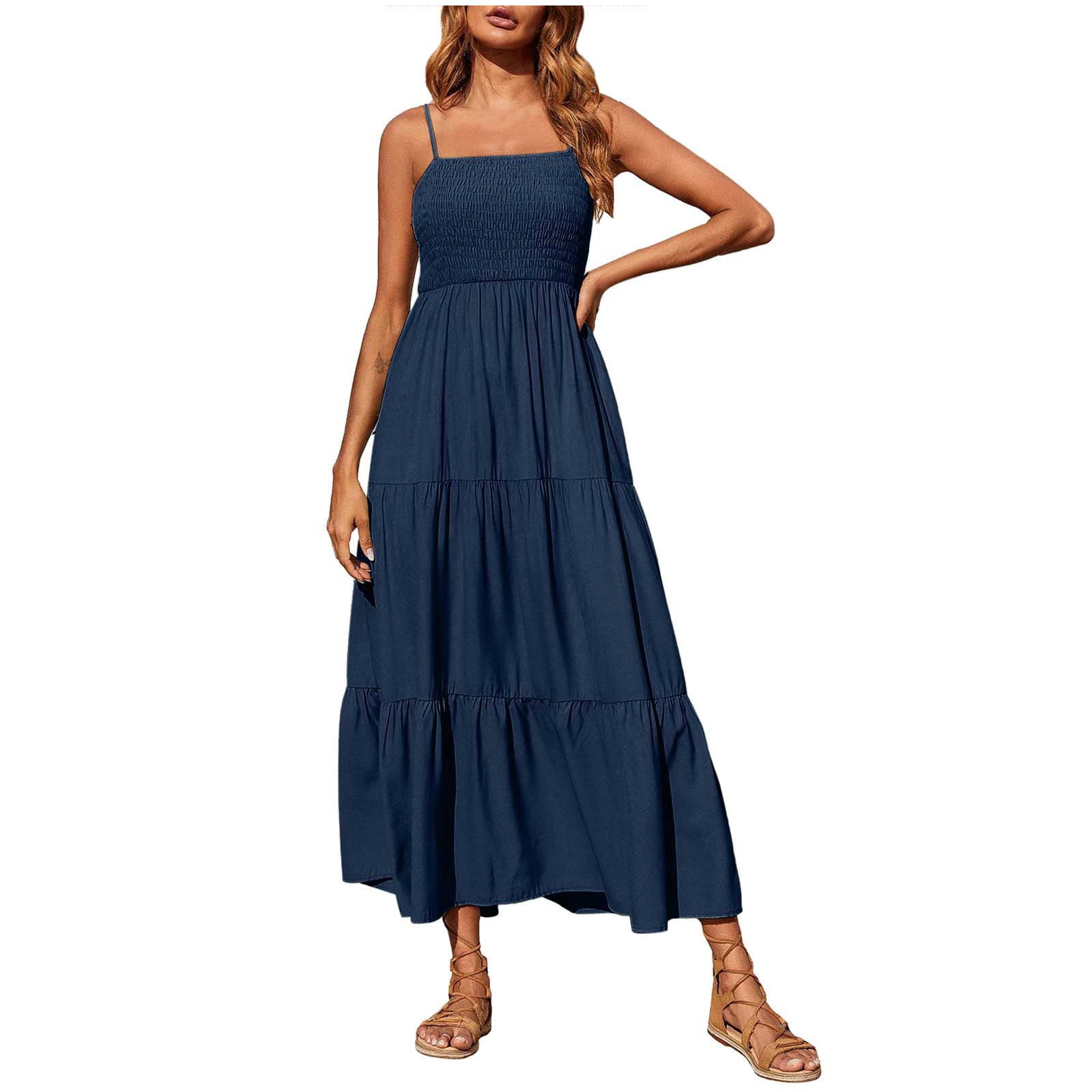 Jalioing Sundress for Women Spaghetti Strap Smocked Dresses Boho ...