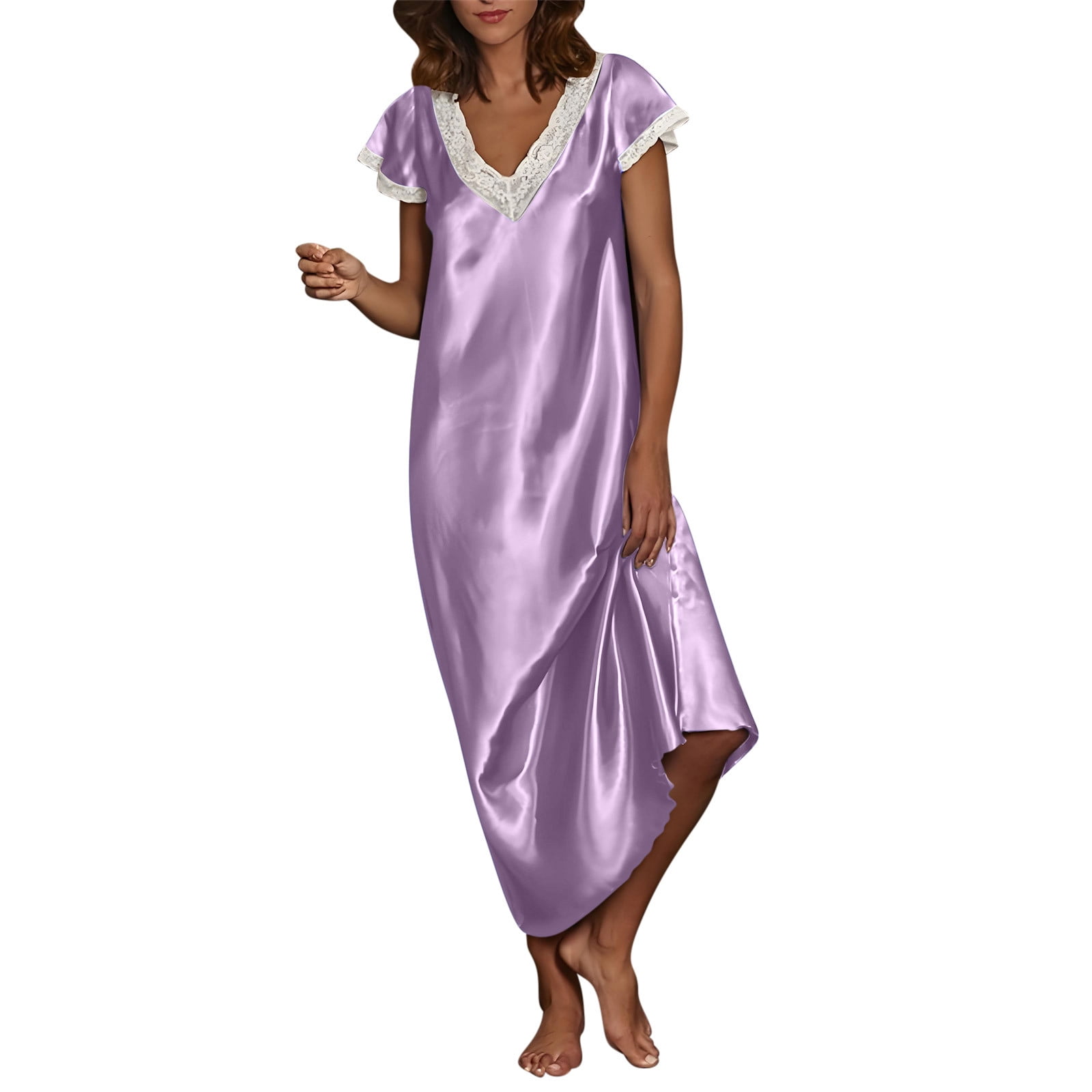 Jalioing V Neck Silky Nightgown for Women Short Sleeve Full Slip Sleep ...