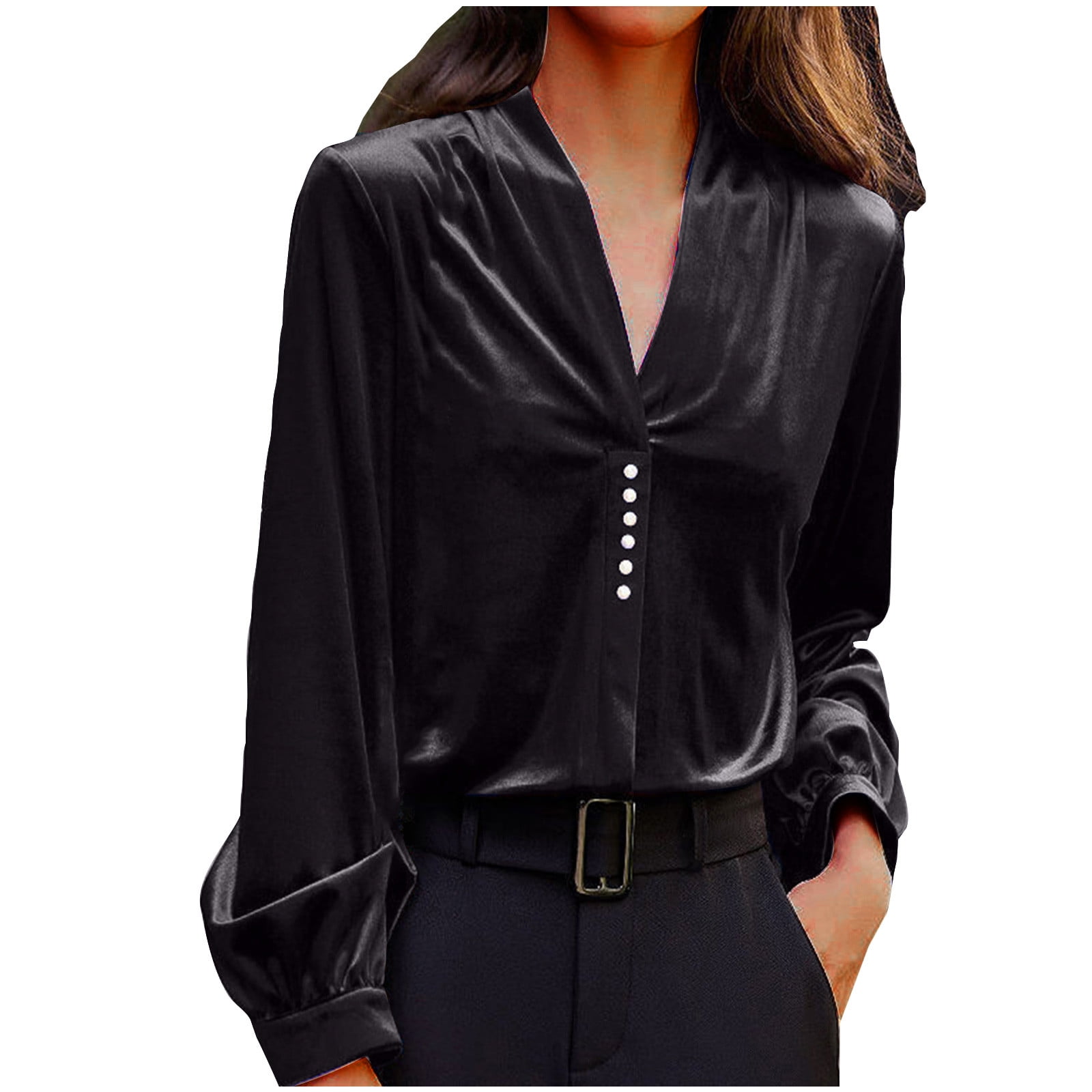 Jalioing Velour Blouse for Women Spring Long Sleeve Pullover Top Button ...