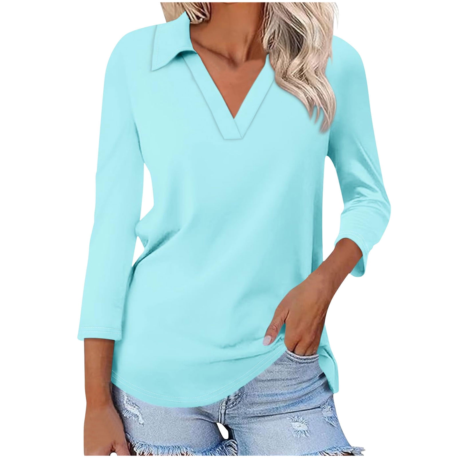 Jalioing Women's 3/4 Sleeve T Shirt Solid Color V Neck Collared Shirt ...