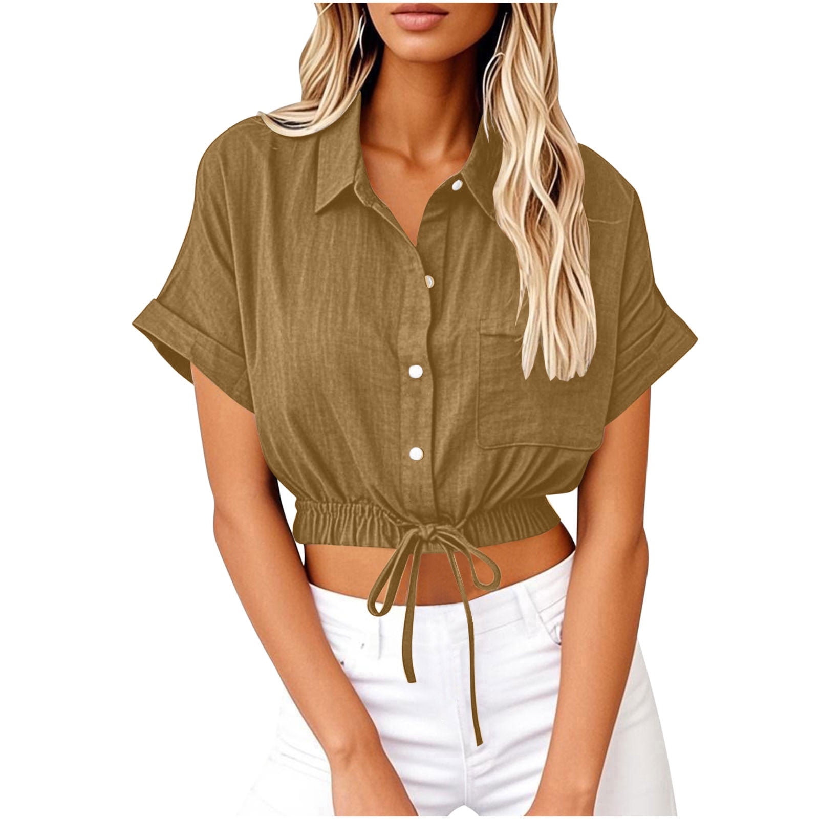 Jalioing Women's Button Down Crop Shirt Roll-Up Short Sleeve Collared ...