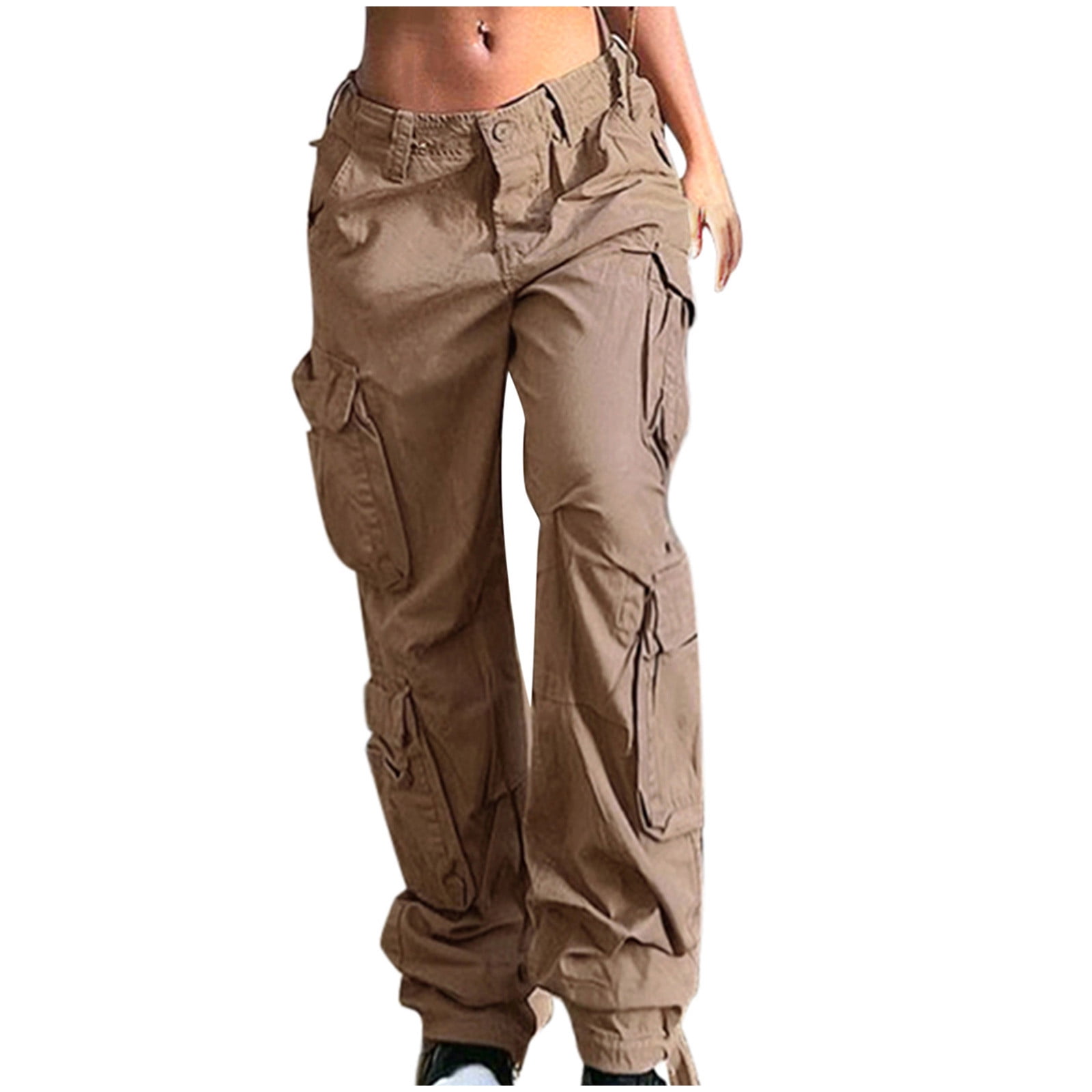 Jalioing Women's Cargo Trouser Low Waist with Button Straight Leg Side ...