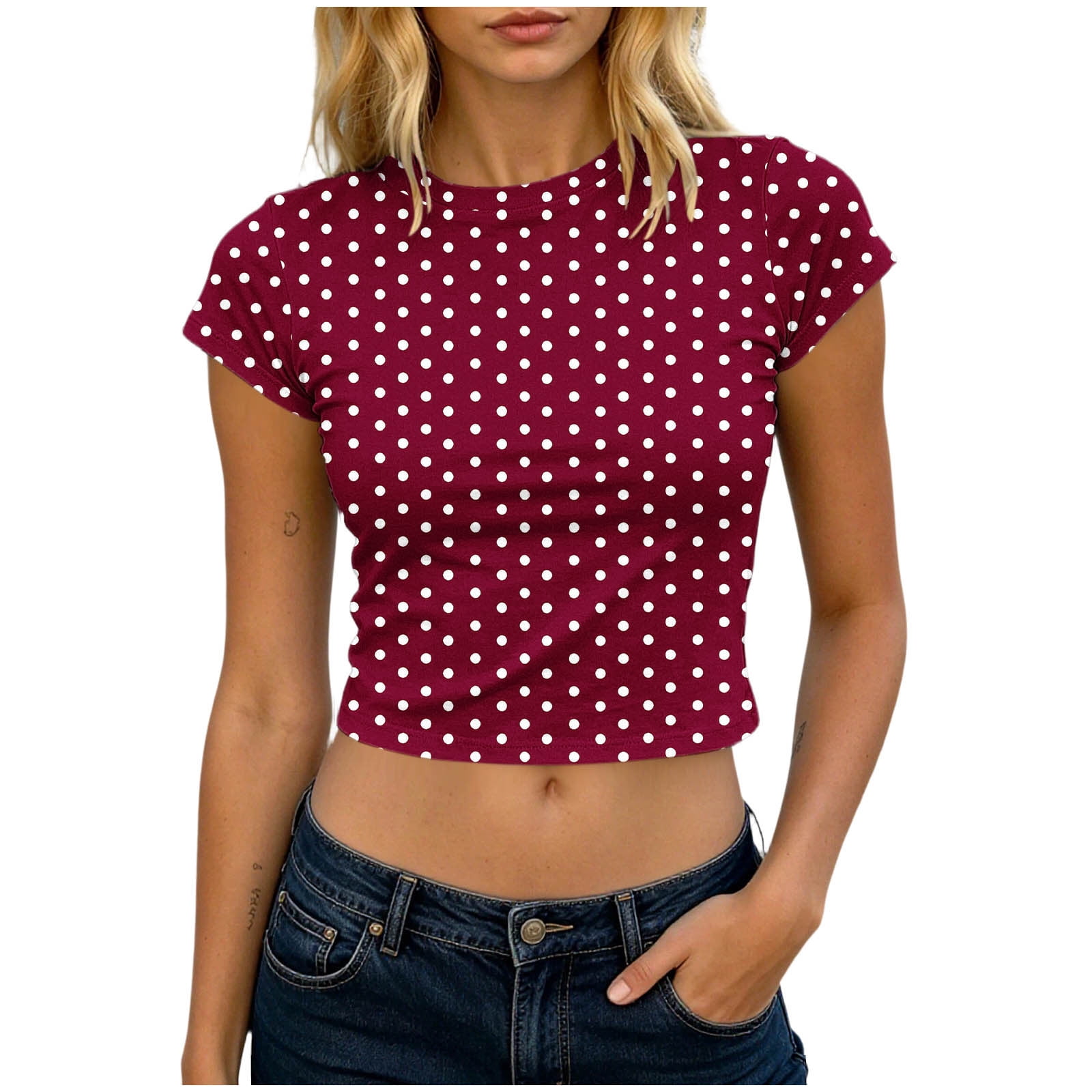 Jalioing Women's Crop Tops Short Sleeve Crew Neck Print Shirts Slim ...