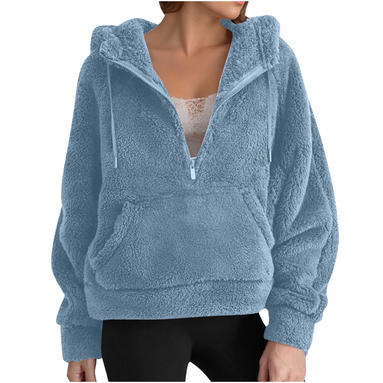 Jalioing Women's Fuzzy Hoodies Fall Winter Fashion Half Zip Hooded ...