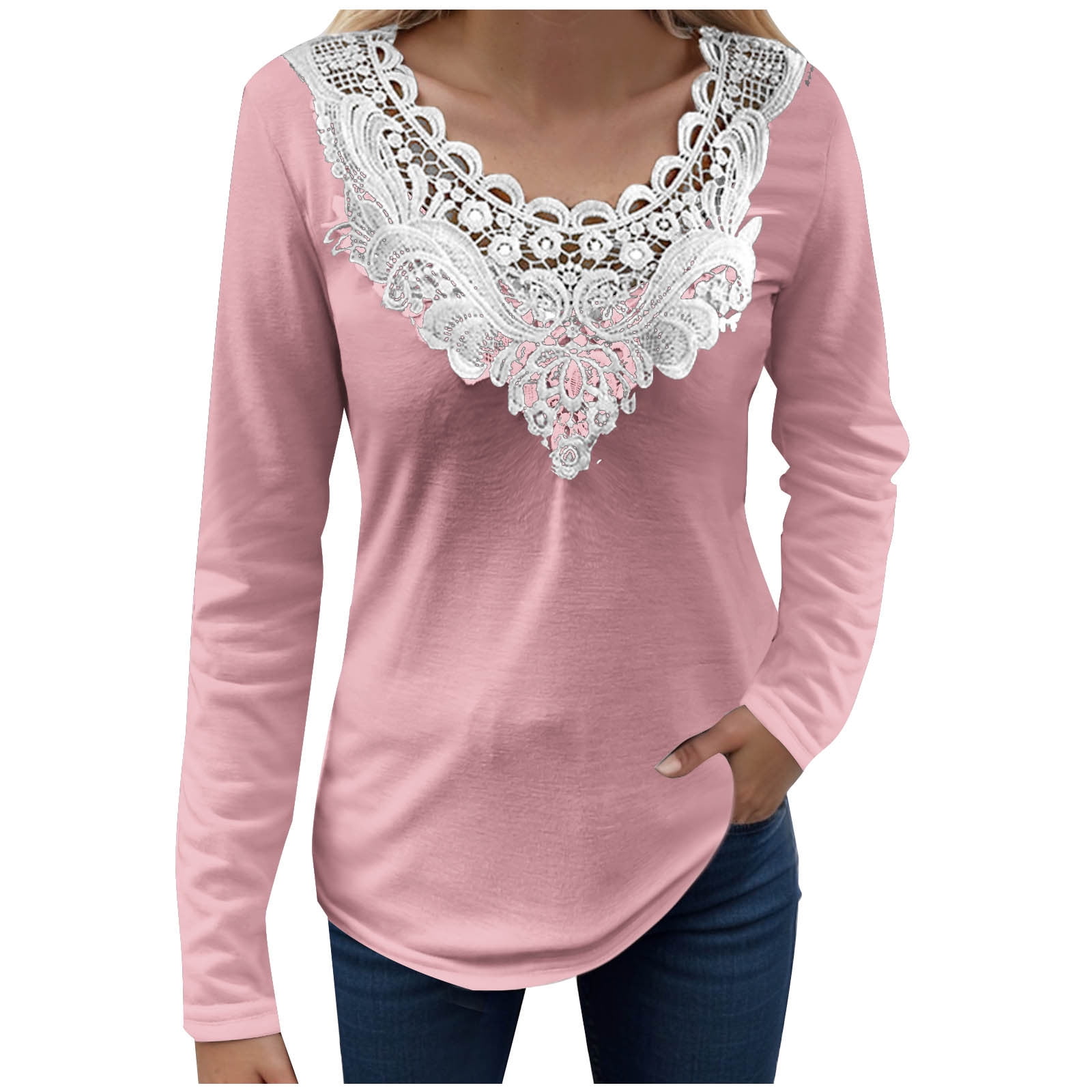 Jalioing Women's Long Sleeve Blouse Cut out Lace Crew Neck Tunic Top ...
