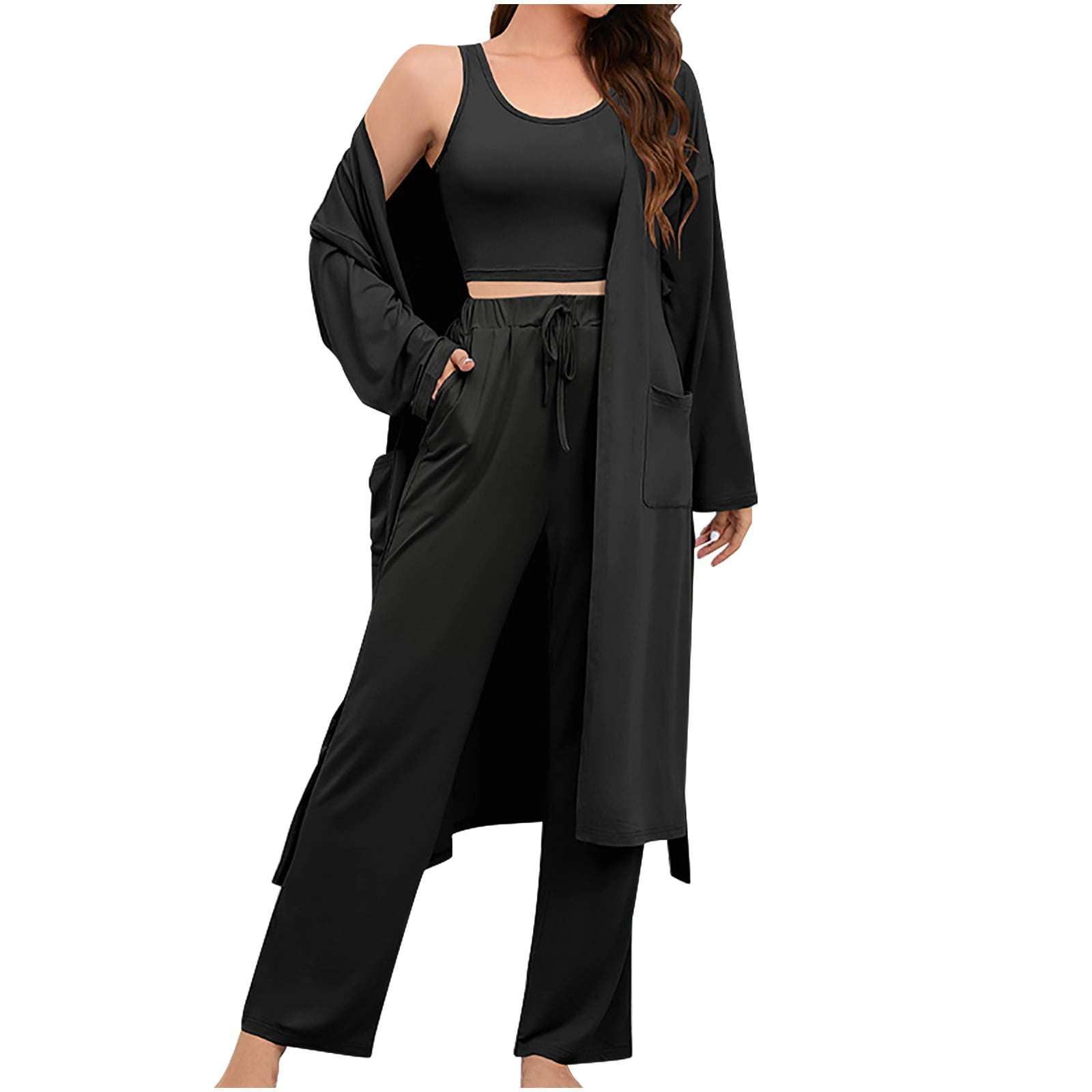 Jalioing Women's Solid Color Sets 3 Piece Loungewear Outfits Tank Long ...