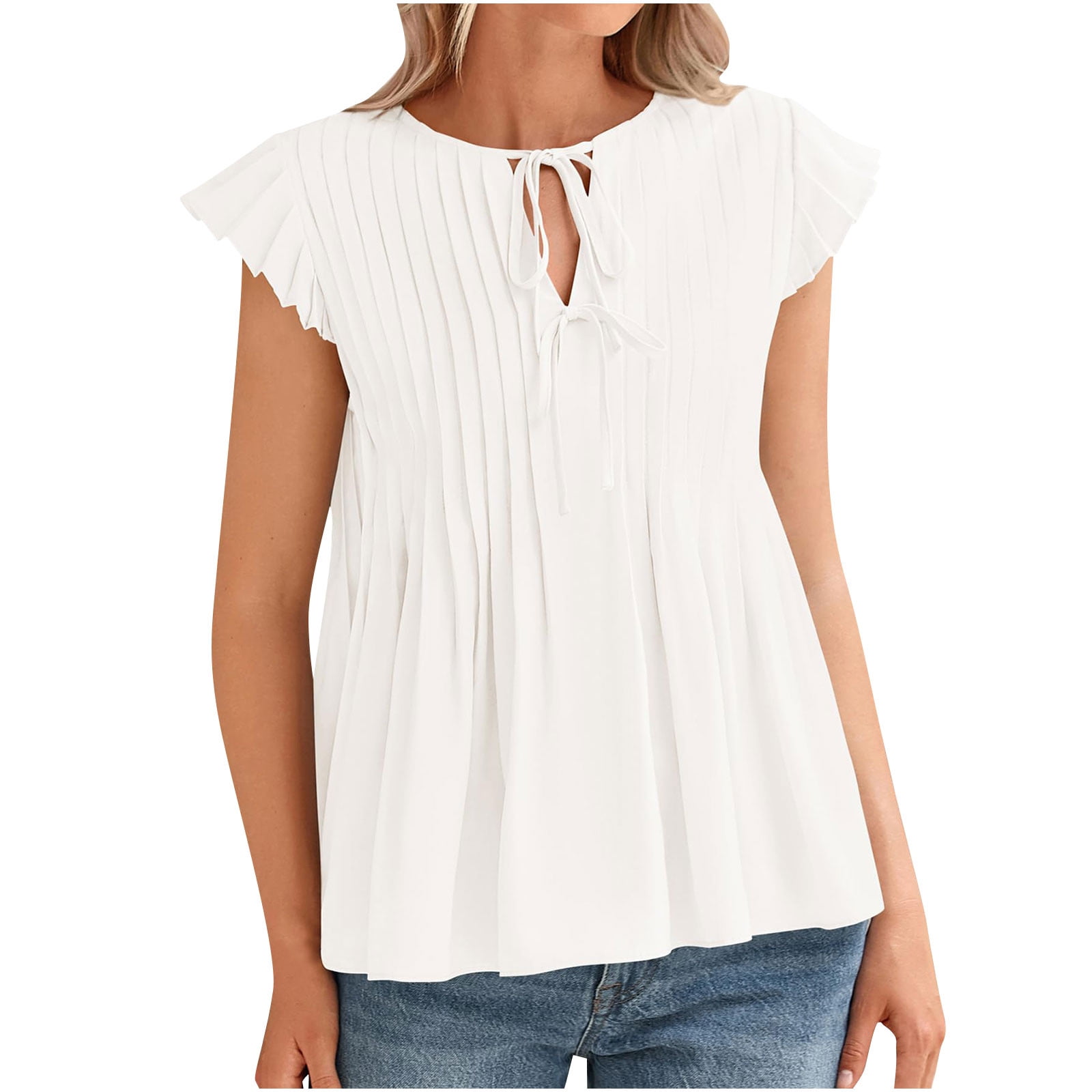 Jalioing Women's Summer Shirts Ruffle Cap Sleeve Pleated Blouses ...