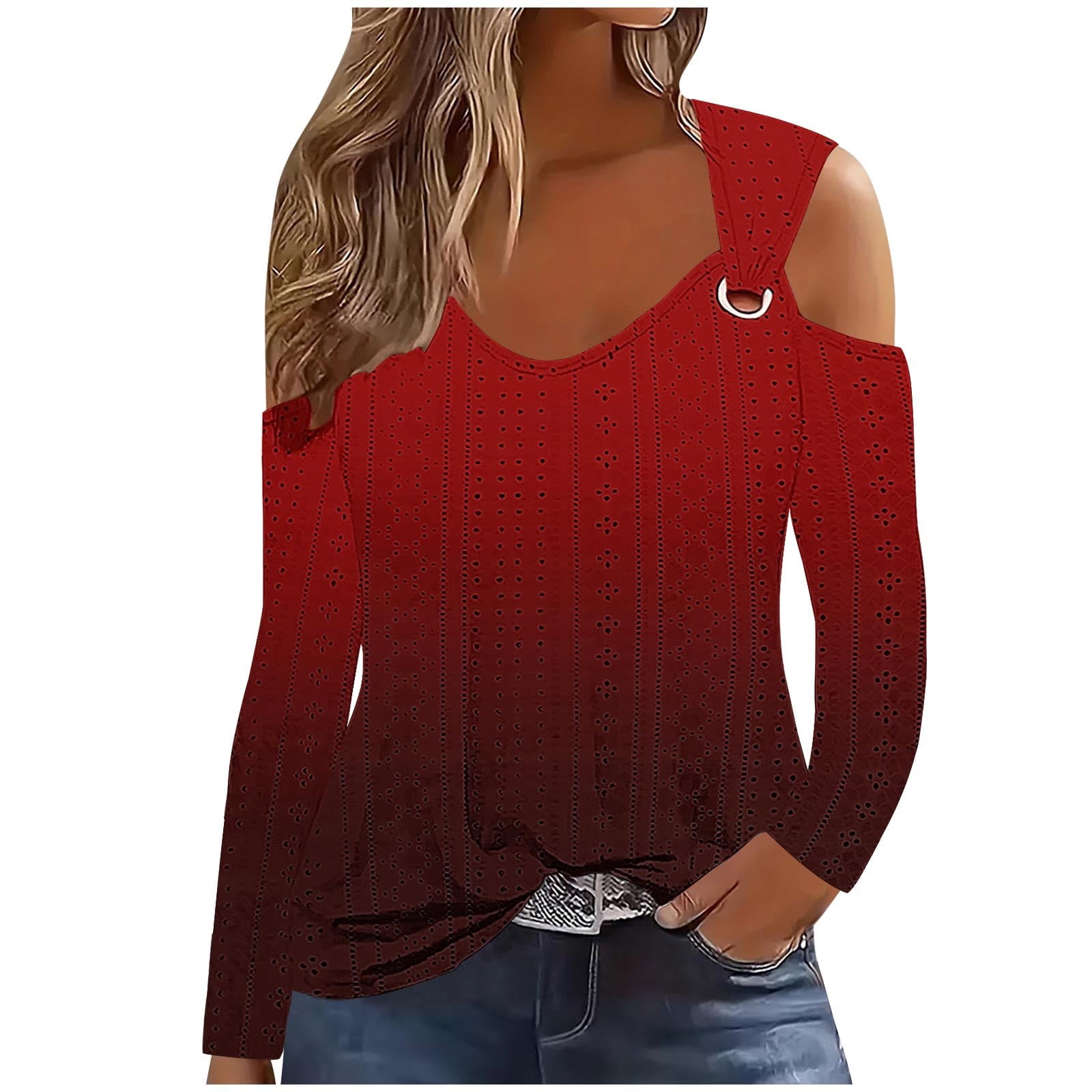 Jalioing Womens Long Sleeve Top Gradient Color Shirts Plus Size Cold ...