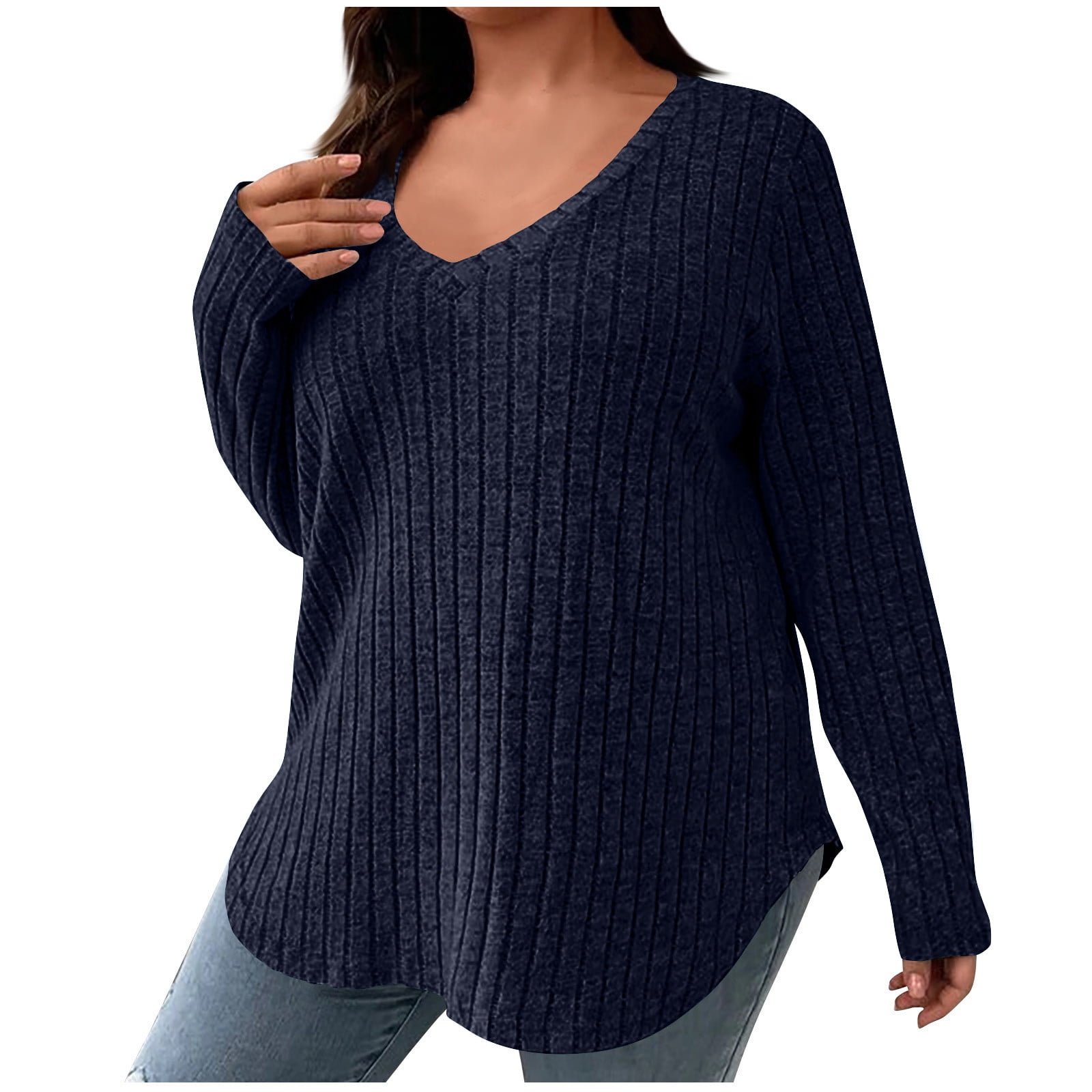 Jalioing Womens Pullover Top Long Sleeve Ribbed Knit Shirt V-Neck Loose ...