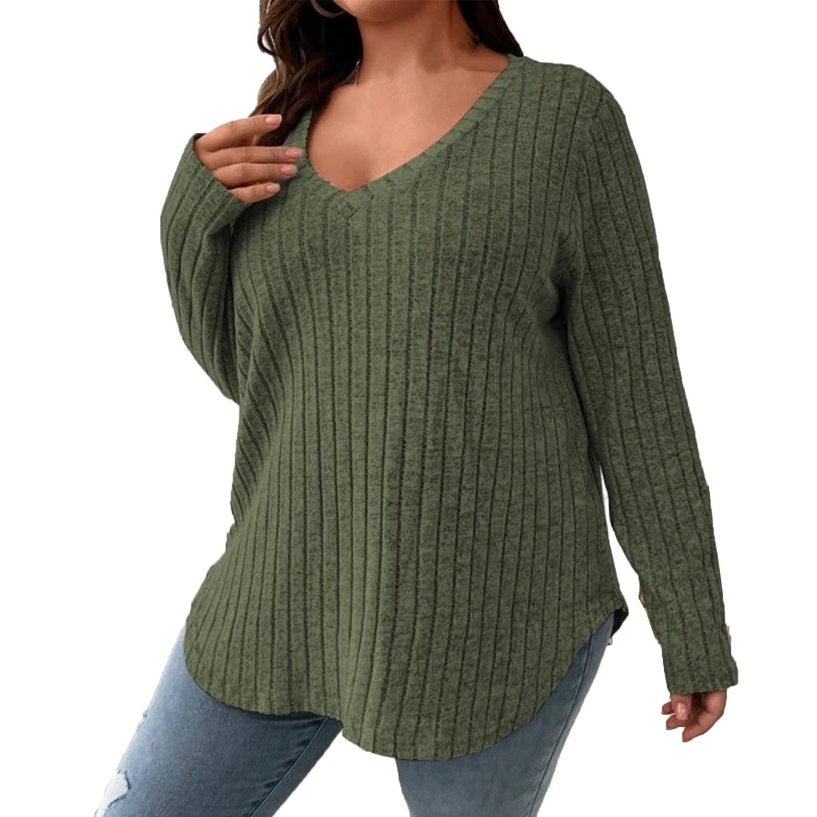 Jalioing Womens Pullover Top Long Sleeve Ribbed Knit Shirt V-Neck Loose ...