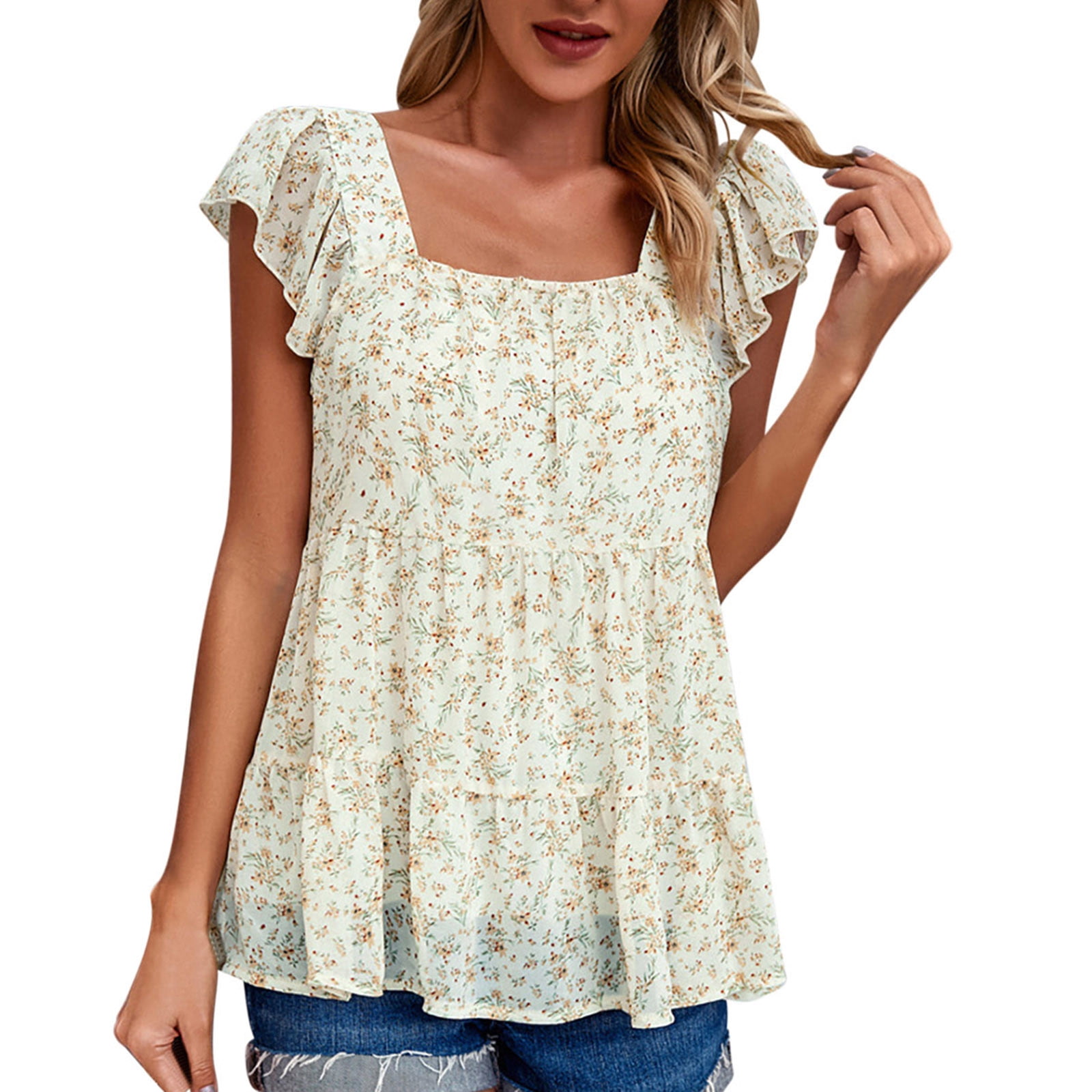 Jalioing Womens Ruffle Short Sleeve Blouse Smocked Square Neck Tunic ...