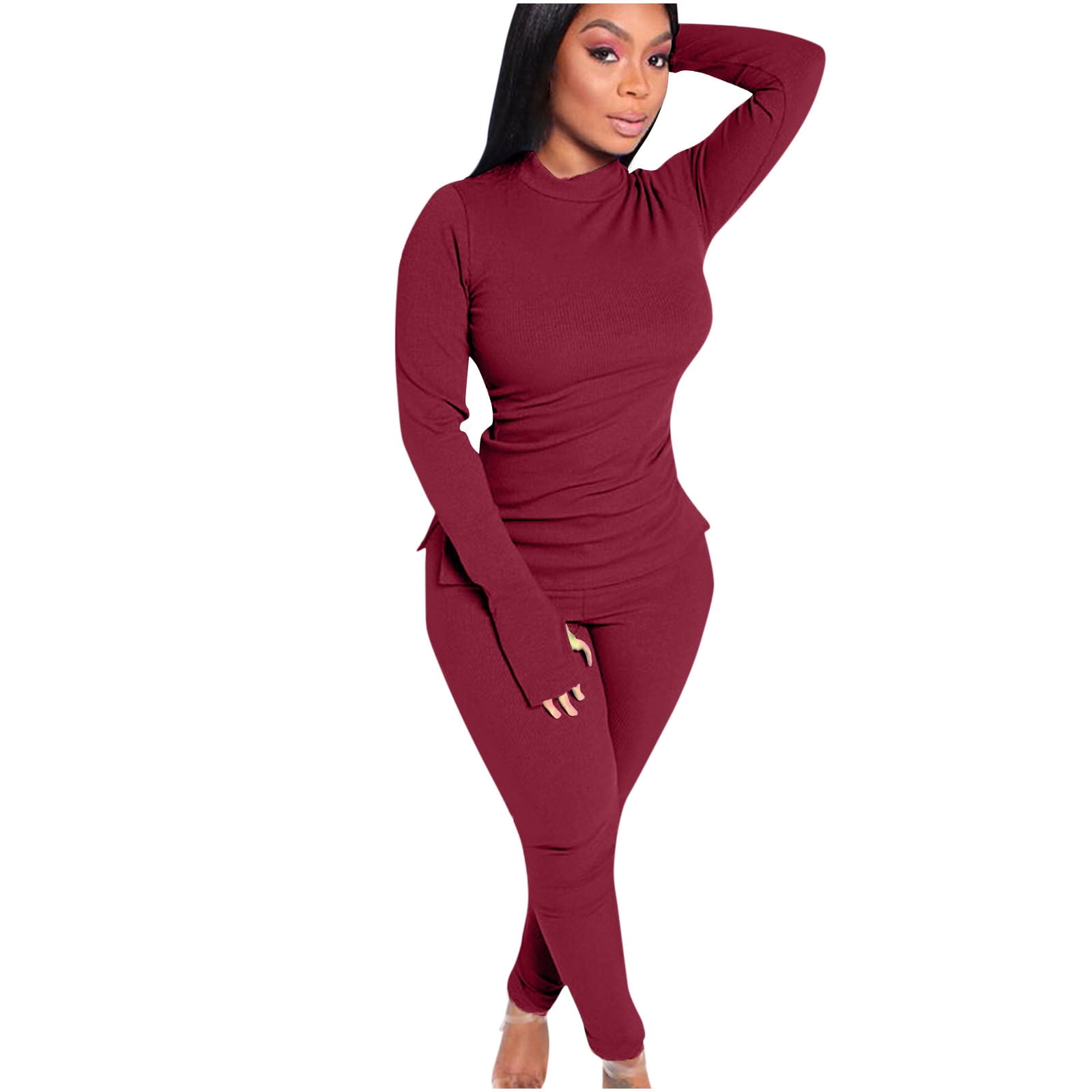 Jalioing Womens Tracksuit Mock Neck Long Sleeve Suits Pullover Ruched ...
