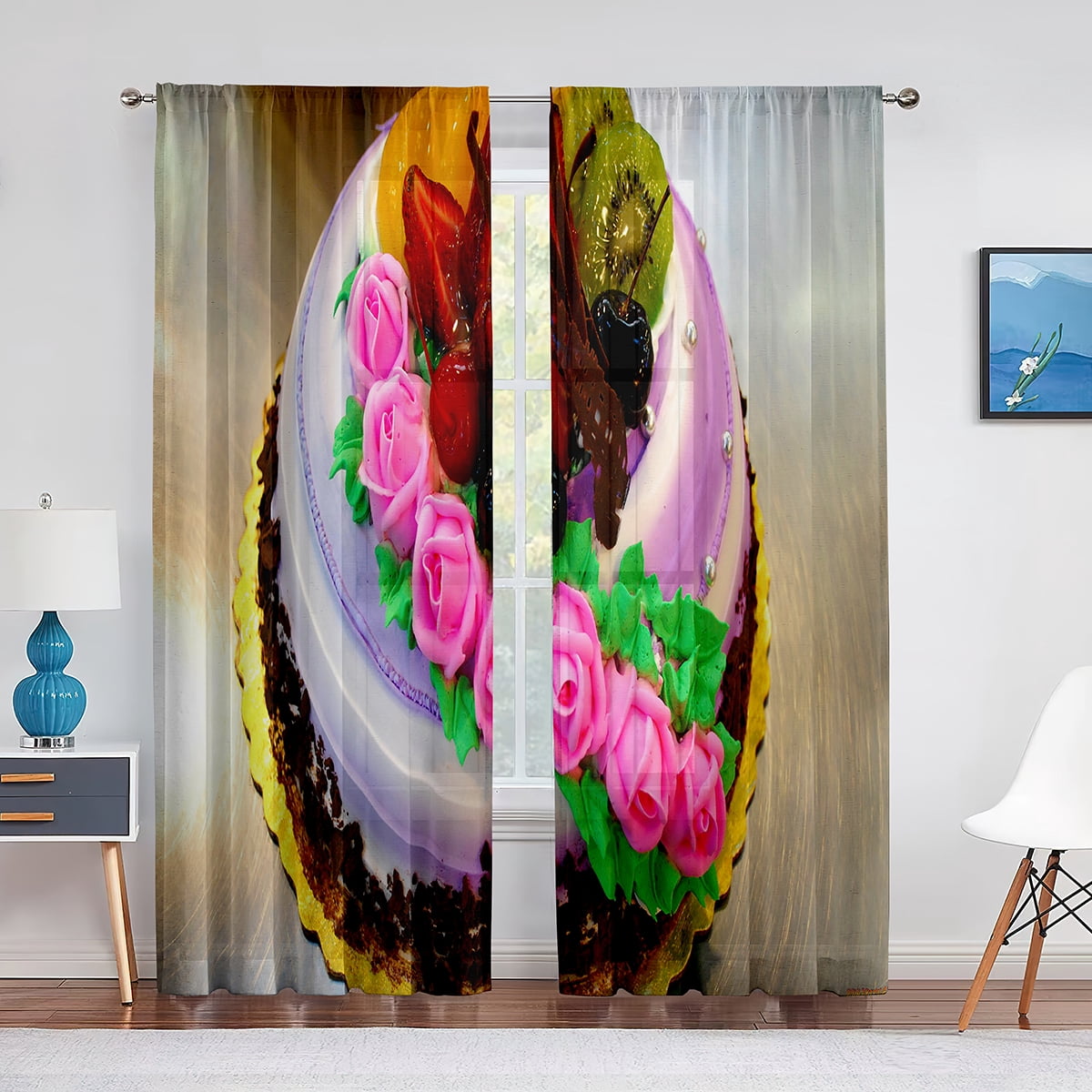 Jam Cake Dessert Raspberry Sheer Curtains for Living Room Chiffon Voile ...