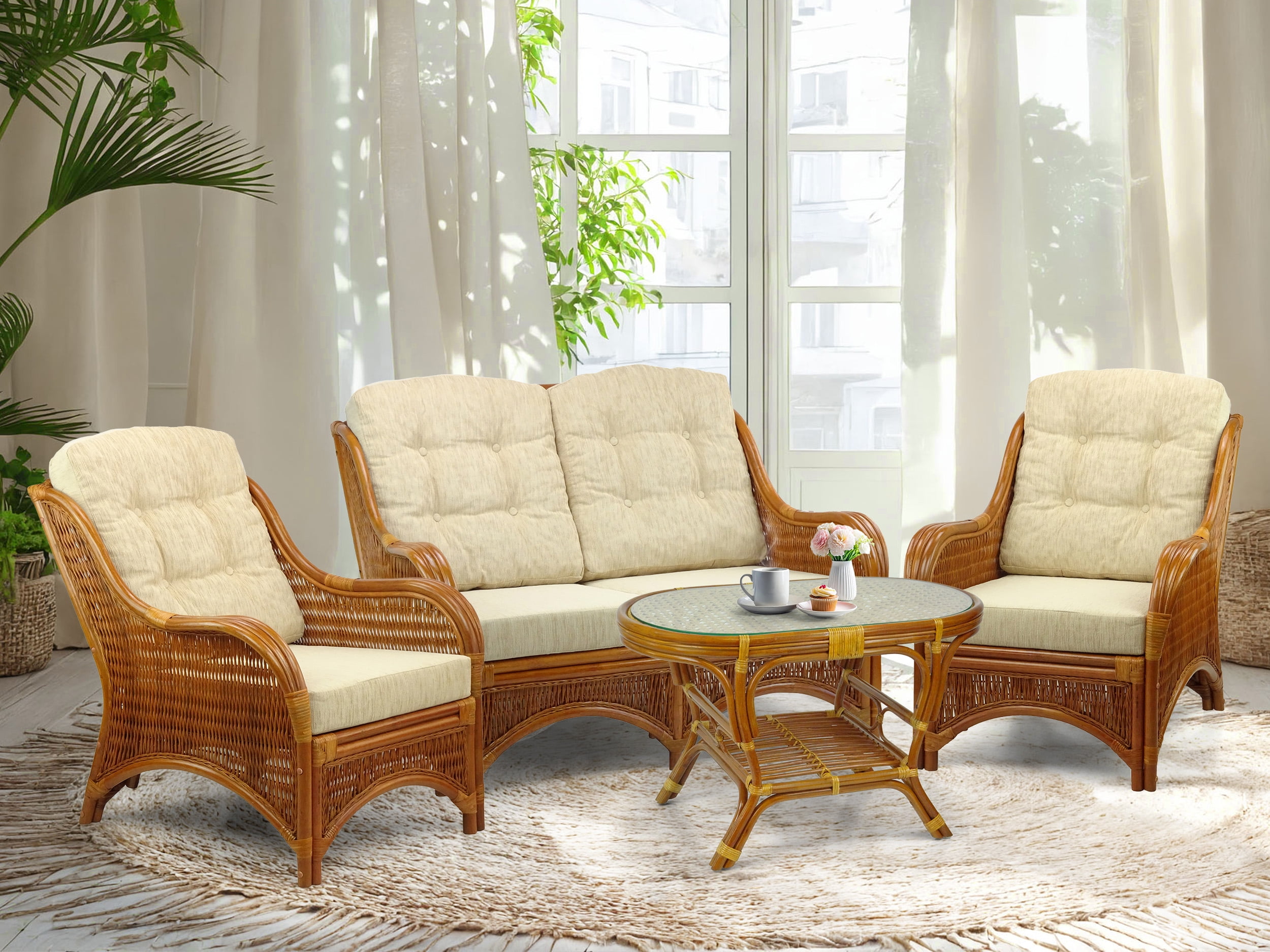 Free Shipping! Jam Living 4-Piece Natural Rattan Wicker Set with Lounge ...