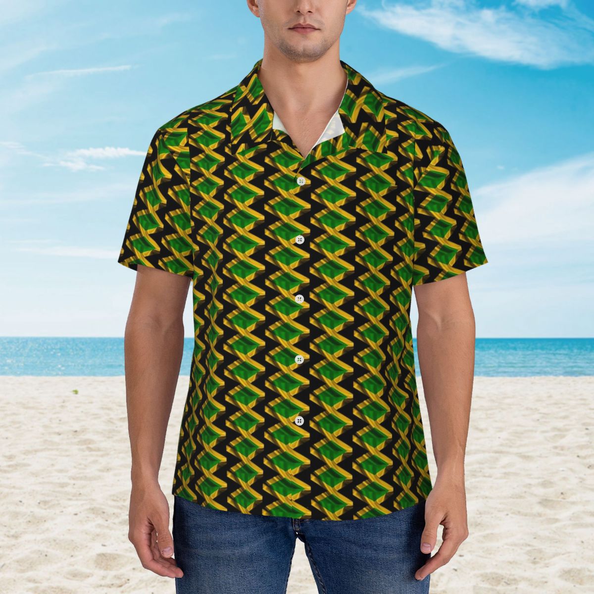 Jamaica Flag Casual Shirt Green And Yellow Loose Hawaiian Shirts Male ...