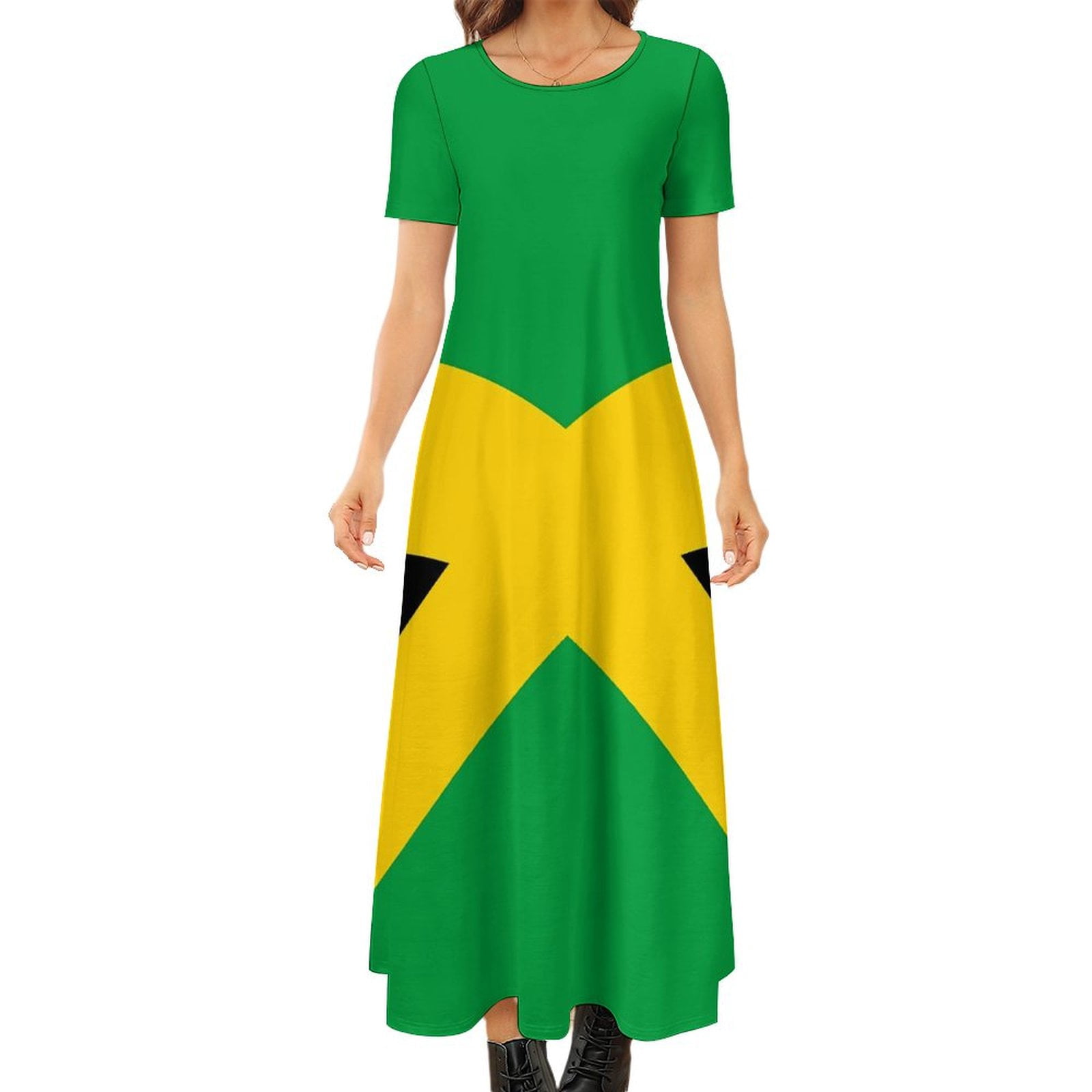 Jamaica Flag Green Dress Sport Fan Trendy Maxi Dress Short Sleeve ...