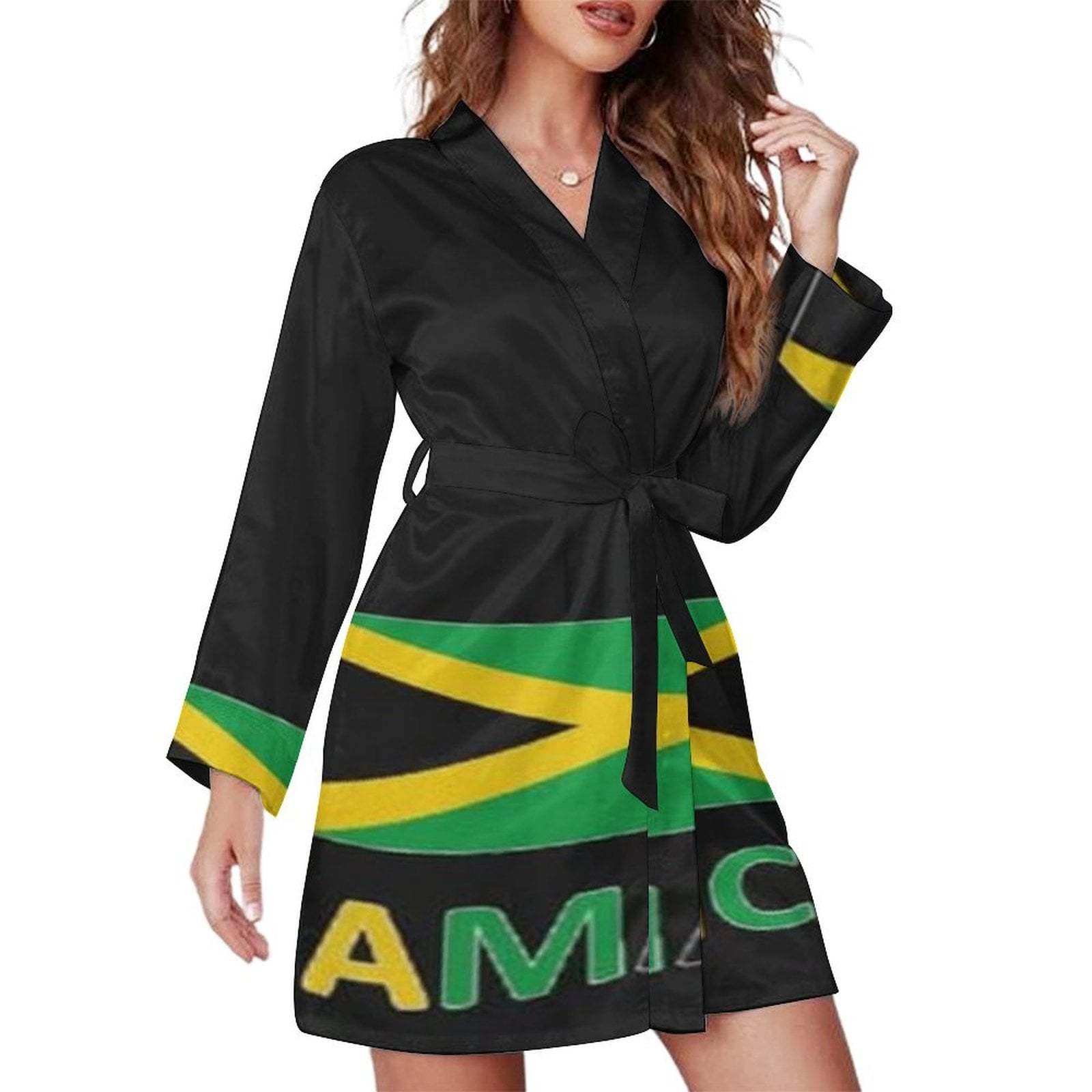 Jamaica Flag Jamaica Logo Night Robe Long Sleeve V Neck Robe With Belt ...