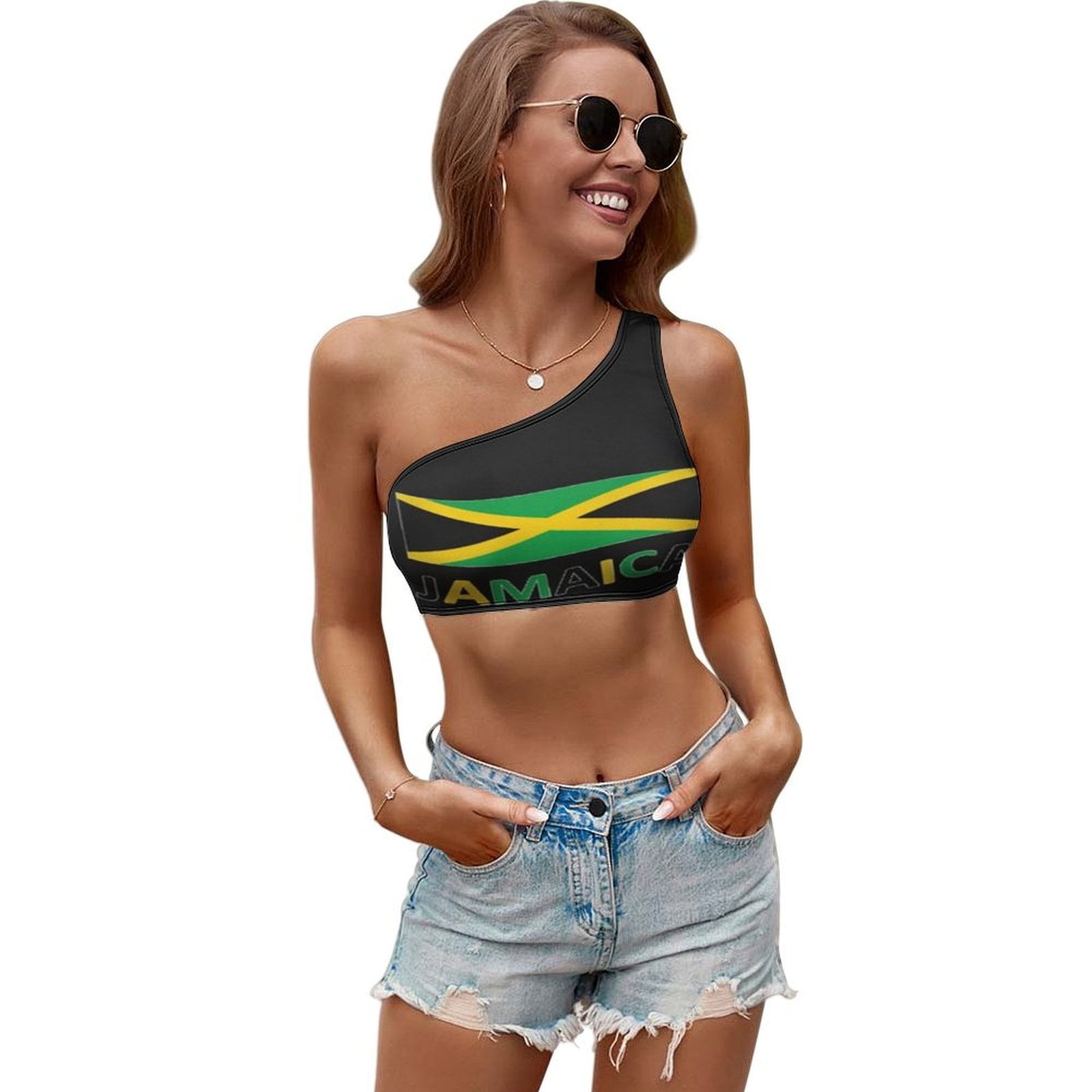 Jamaica Flag Jamaica Logo One Shoulder Fitness Sports Sling with Padding Yoga Fitness Top Sexy ...