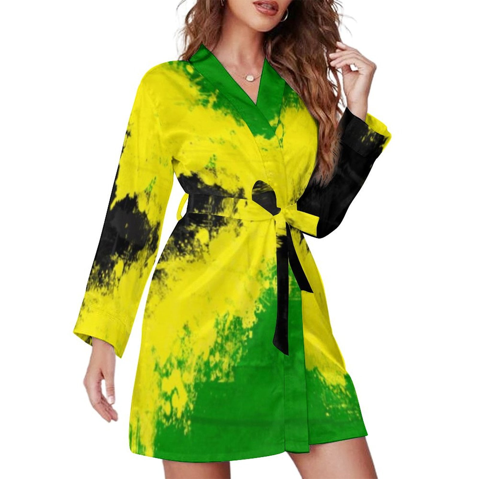 Jamaica Flag, Jamaican Flag Night Robe Long Sleeve V Neck Robe With ...
