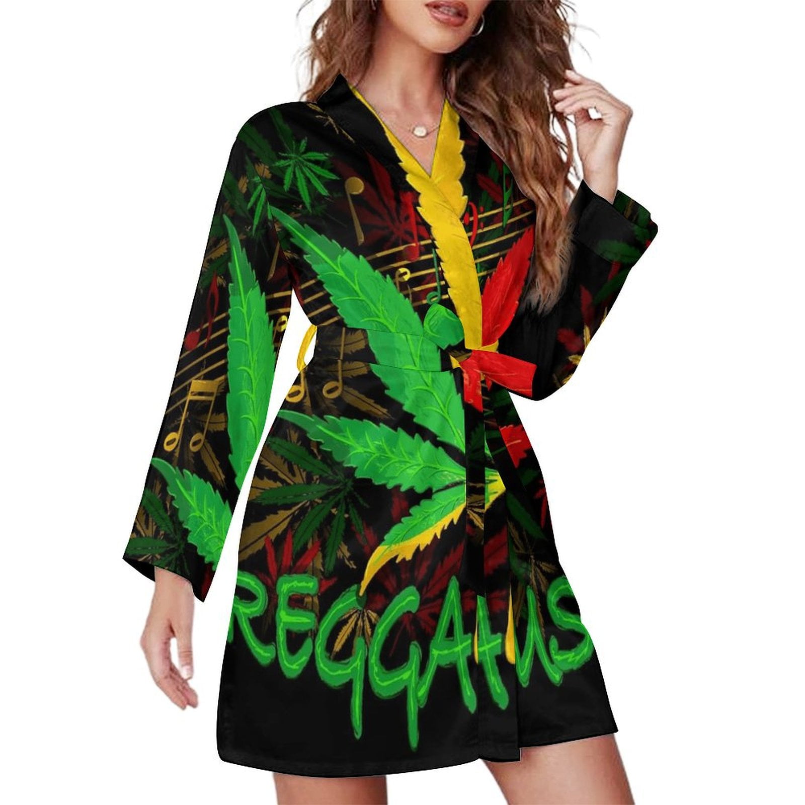 Jamaica Music Notes Stave Theme Night Robe Long Sleeve V Neck Robe With ...