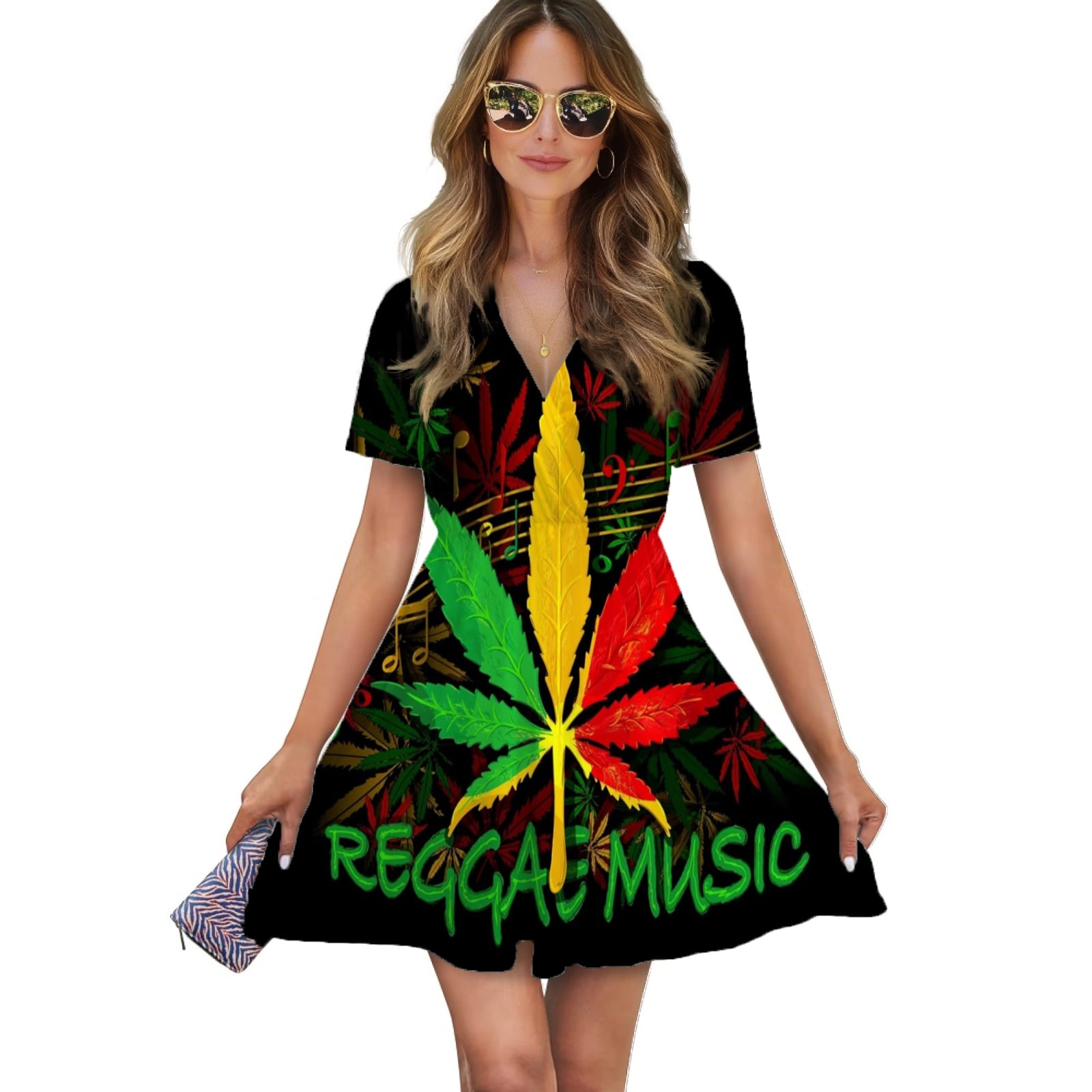 Jamaica Music Notes Stave Theme Women Dress V-Neck Short Sleeve Flowy ...