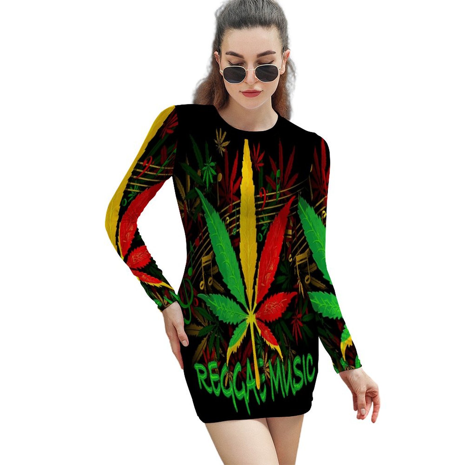Jamaica Music Notes Stave Theme Women's Long Sleeve Bodycon Dress Soft ...