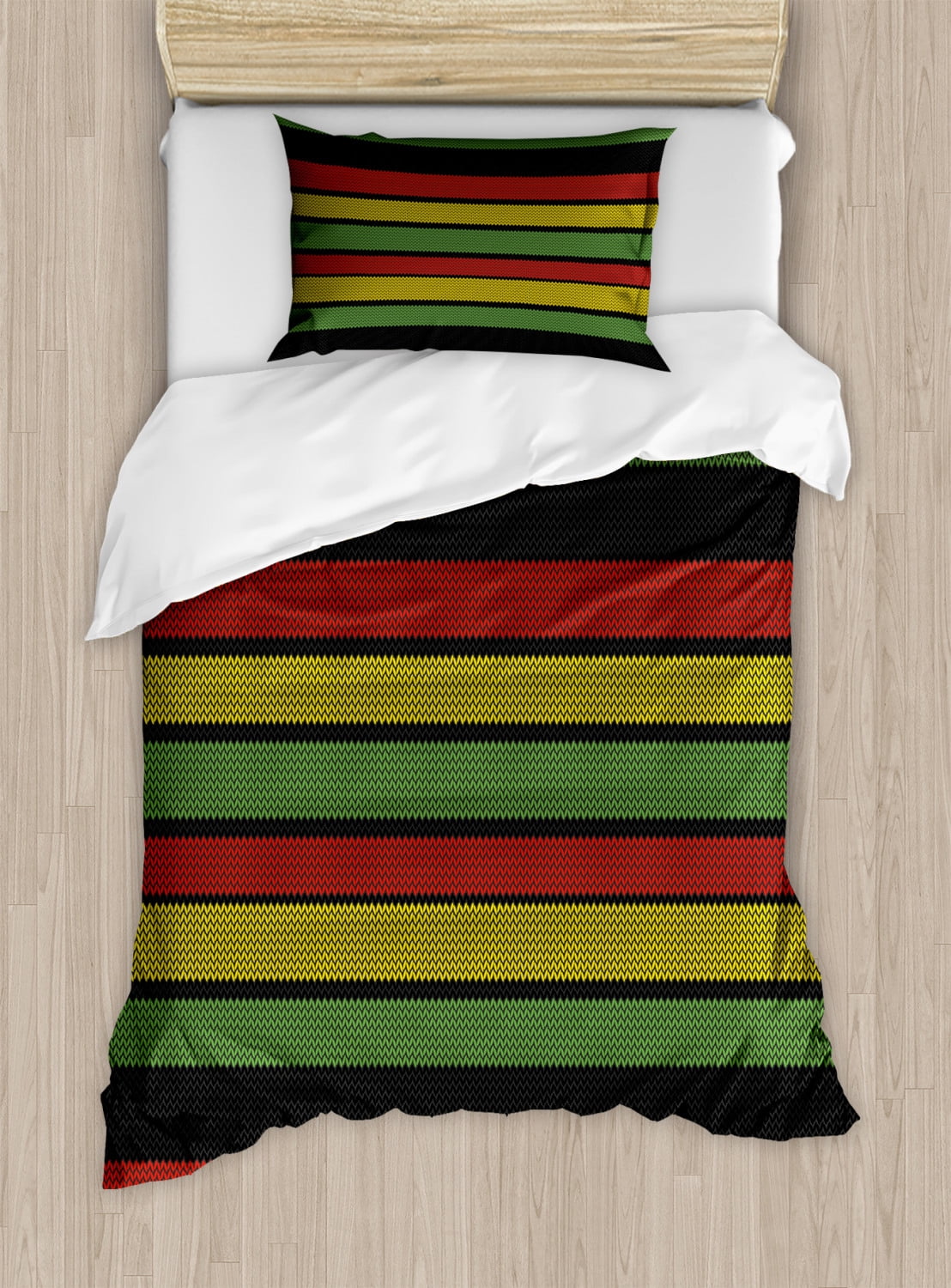 Jamaican Duvet Cover Set Twin Size, Knitted Effect Rastafarian Stripes ...