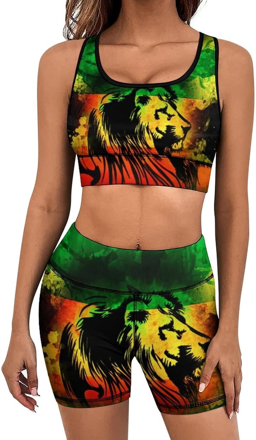 Jamaican Lion Flag Yoga Sets for Women Outfit 2 Piece Sport Bra Top And ...