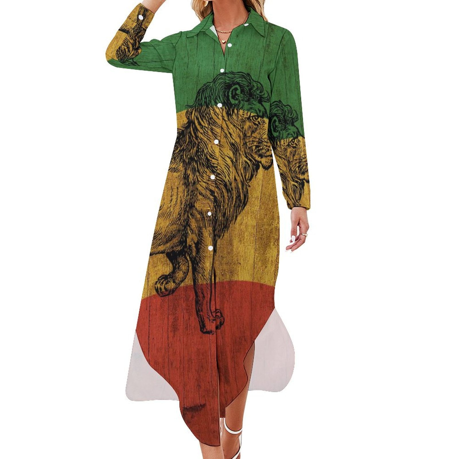 Jamaican Rasta Lion Wooden Flag Women's Maxi T Shirt Dress Long Sleeve ...