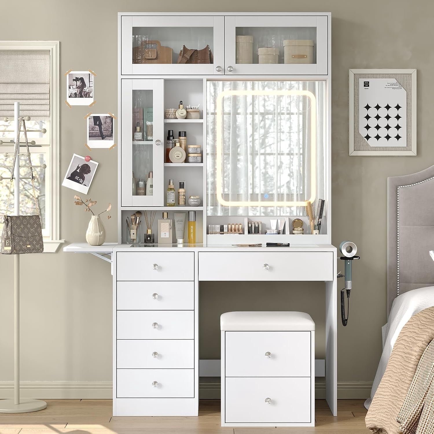 Jamair Desk with Mirror and Lights, Makeup Jamair with Drawers and ...