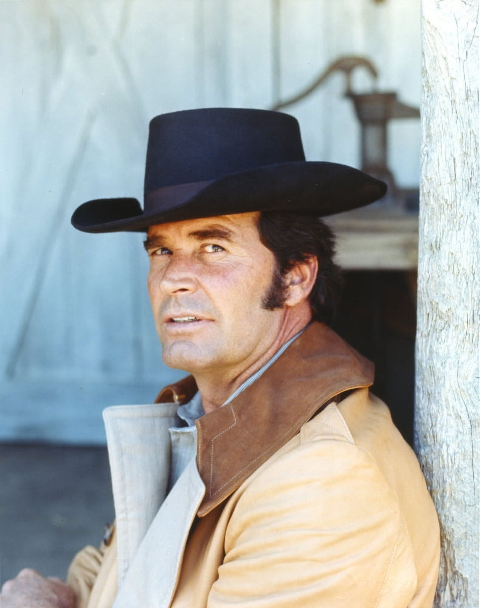 James Garner Posed In Brown Leather Jacket and Grey Shirt with Black ...