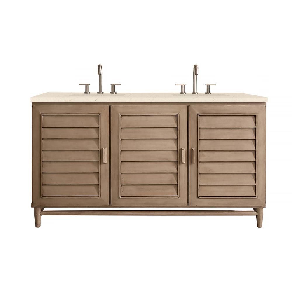 James Martin Vanities Portland 60" Double Vanity Whitewashed Walnut, w/ 3 CM Eternal Marfil ...