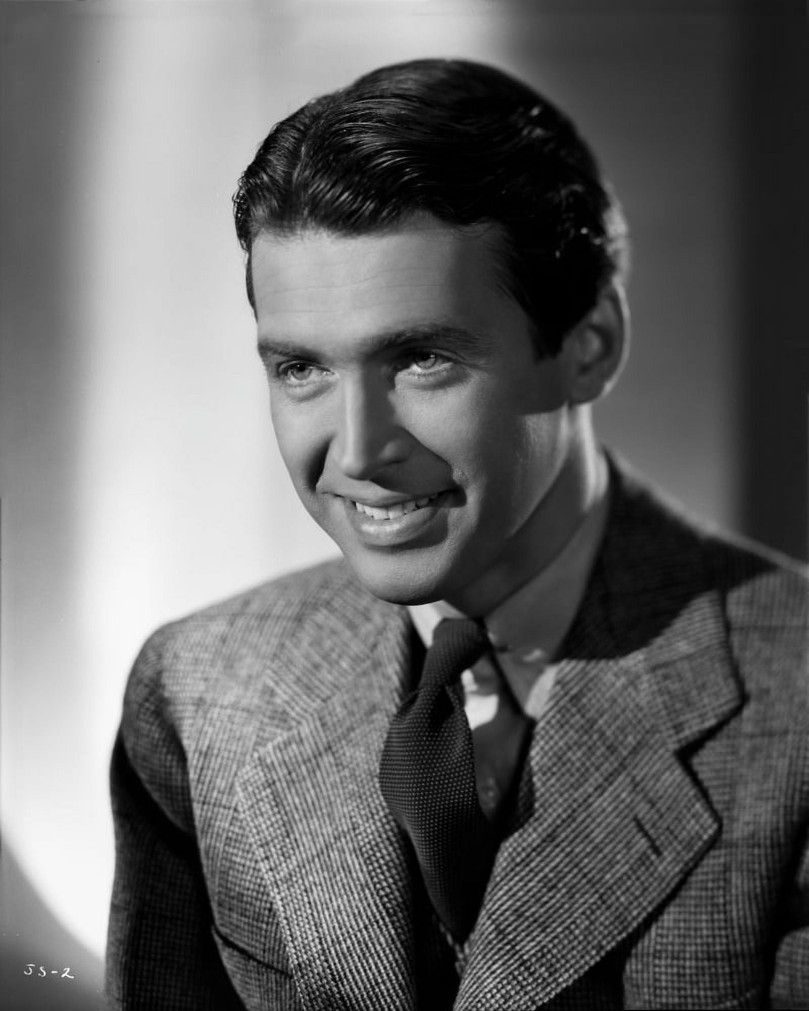 James Stewart Portrait Smiling in Grey Ribbed Linen Suit and Silk ...