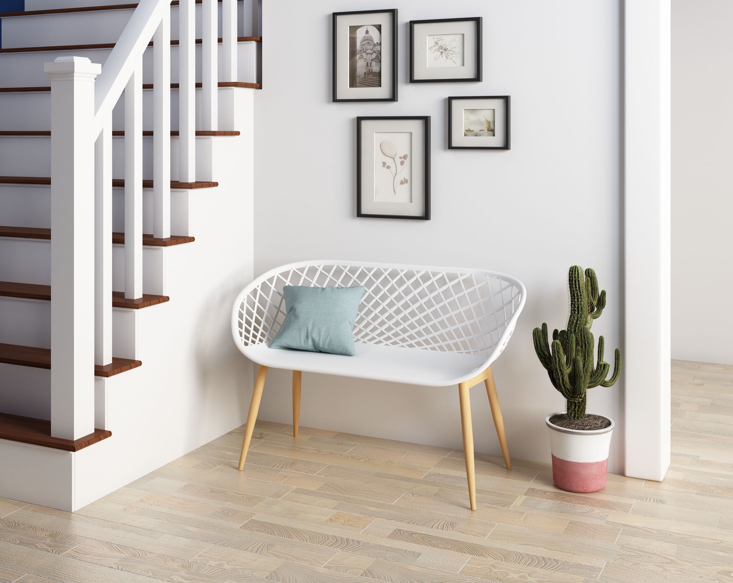 Jamesdar Kurv Indoor/Outdoor Bench, White and Natural, with Curved ...