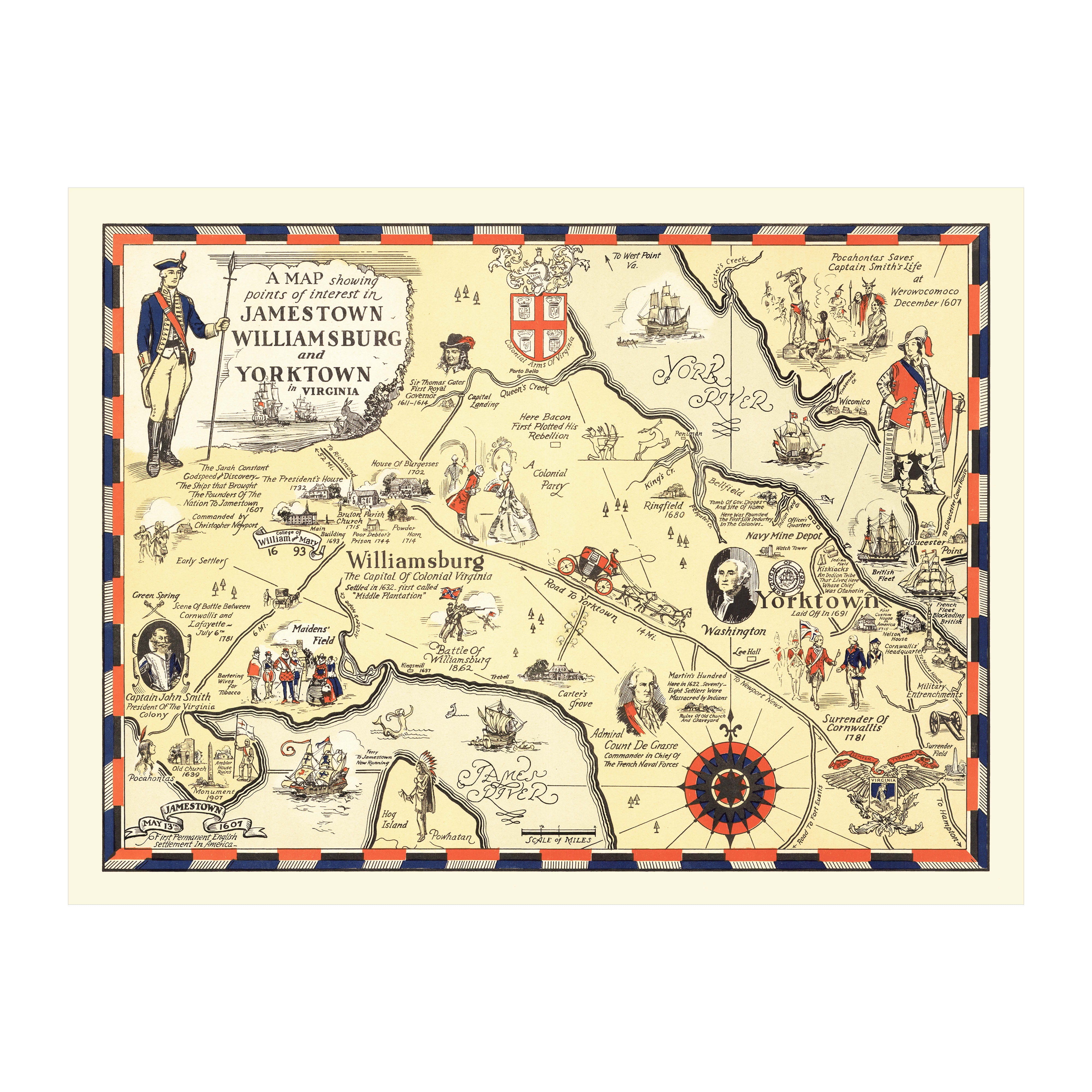 Jamestown Art, 1930 Vintage Map of Jamestown History Wall Decor Gift ...