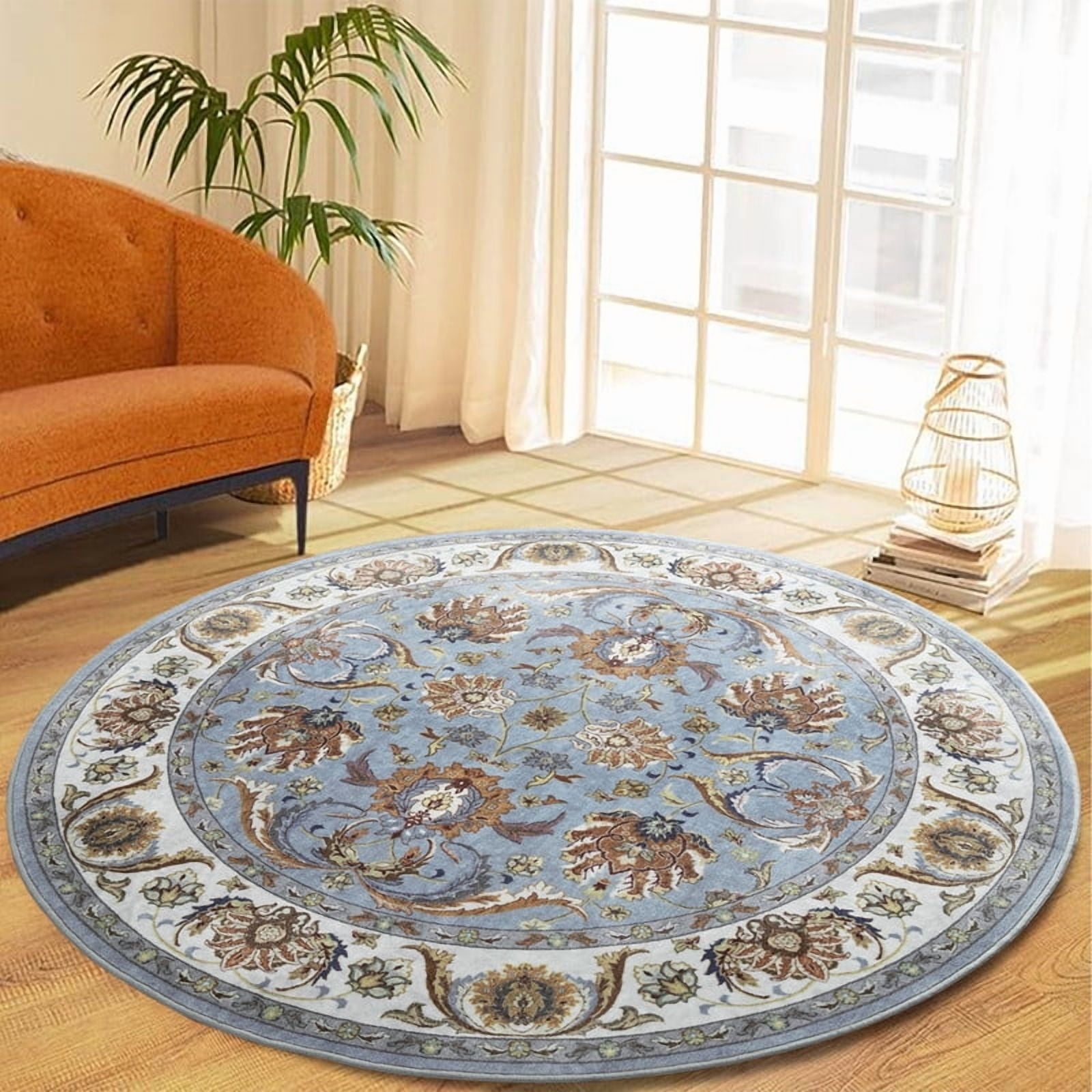 Jamfeel Round Rugs Vintage Print Low Pile Non-slip Circle Carpet Indoor ...