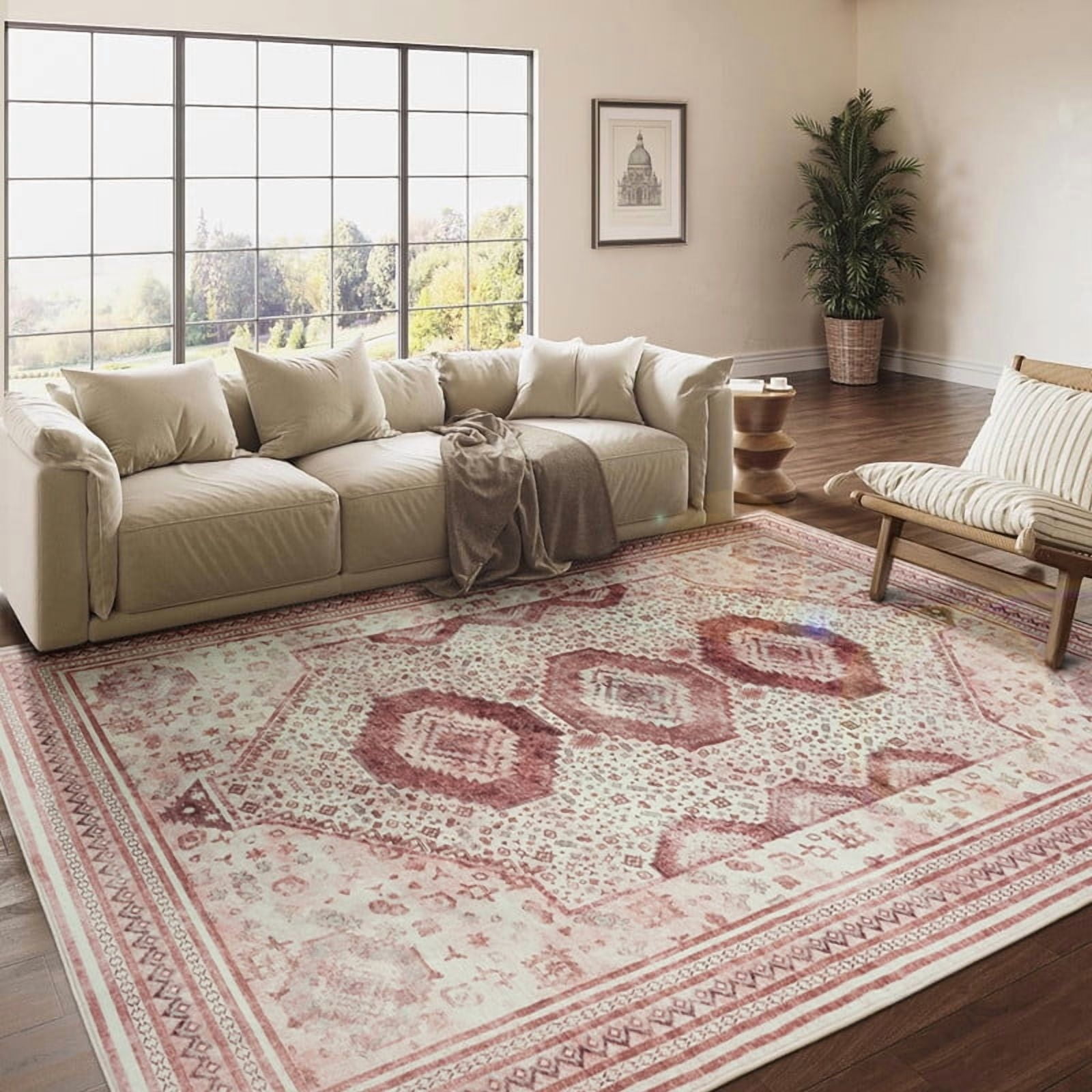 Jamfeel Rugs for Living Room Vintage Print Non-slip Low Pile Area Rug ...