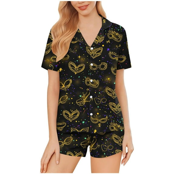 Jamicy Comfy Pajamas for Women Set Carnival Print Short Sleeve Button ...