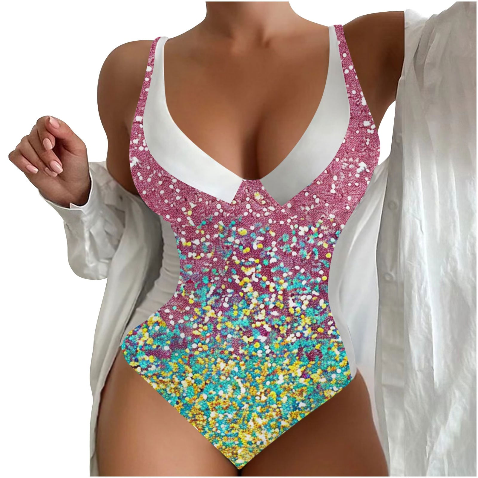 Jamicy Gifts for Girlfriends Women's Bathing Suit High-Waisted One-Piece Strappy Back Metallic ...