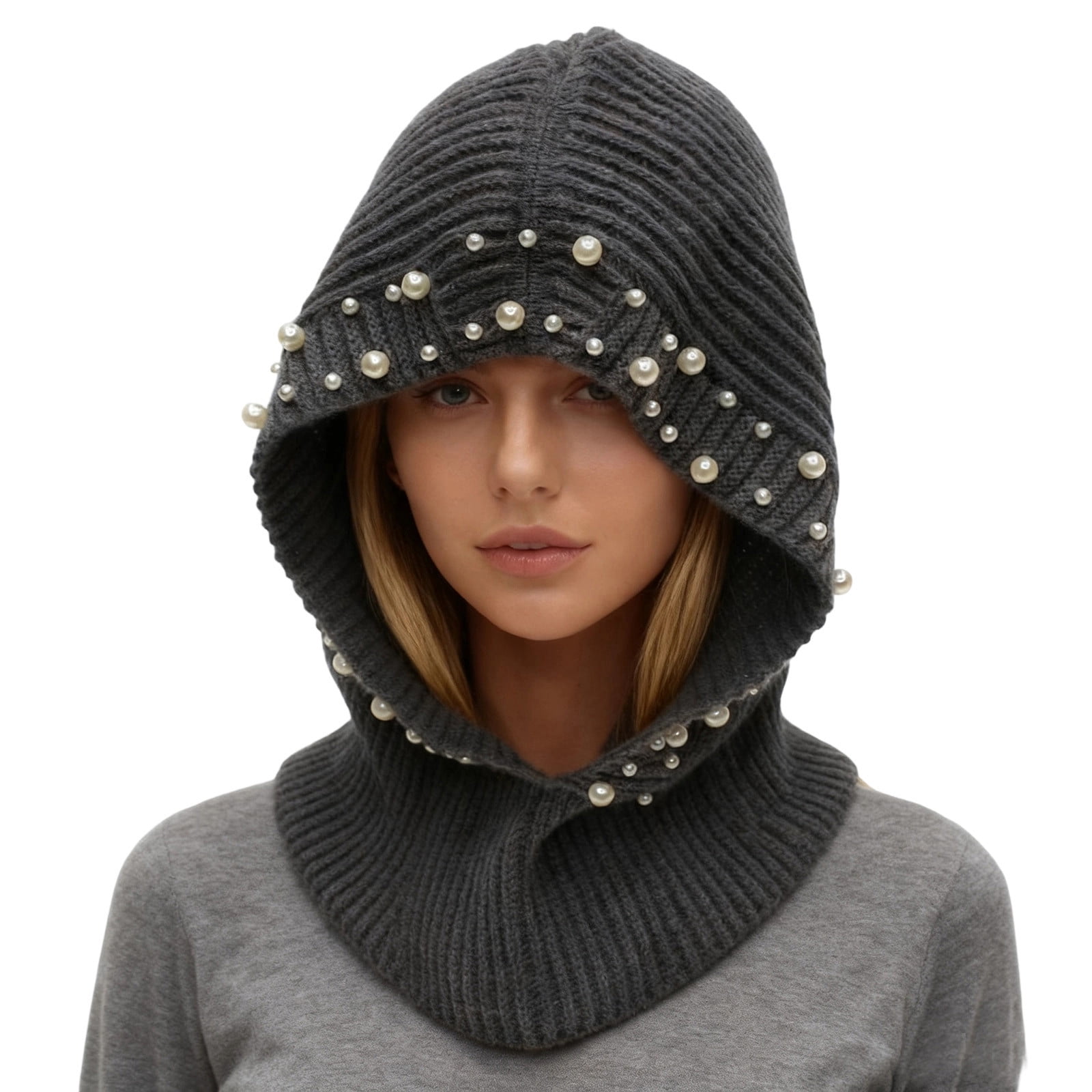 Jamicy Hooded Scarf Knitted Hats for Women Cute Outdoor Warm Skull Cap ...