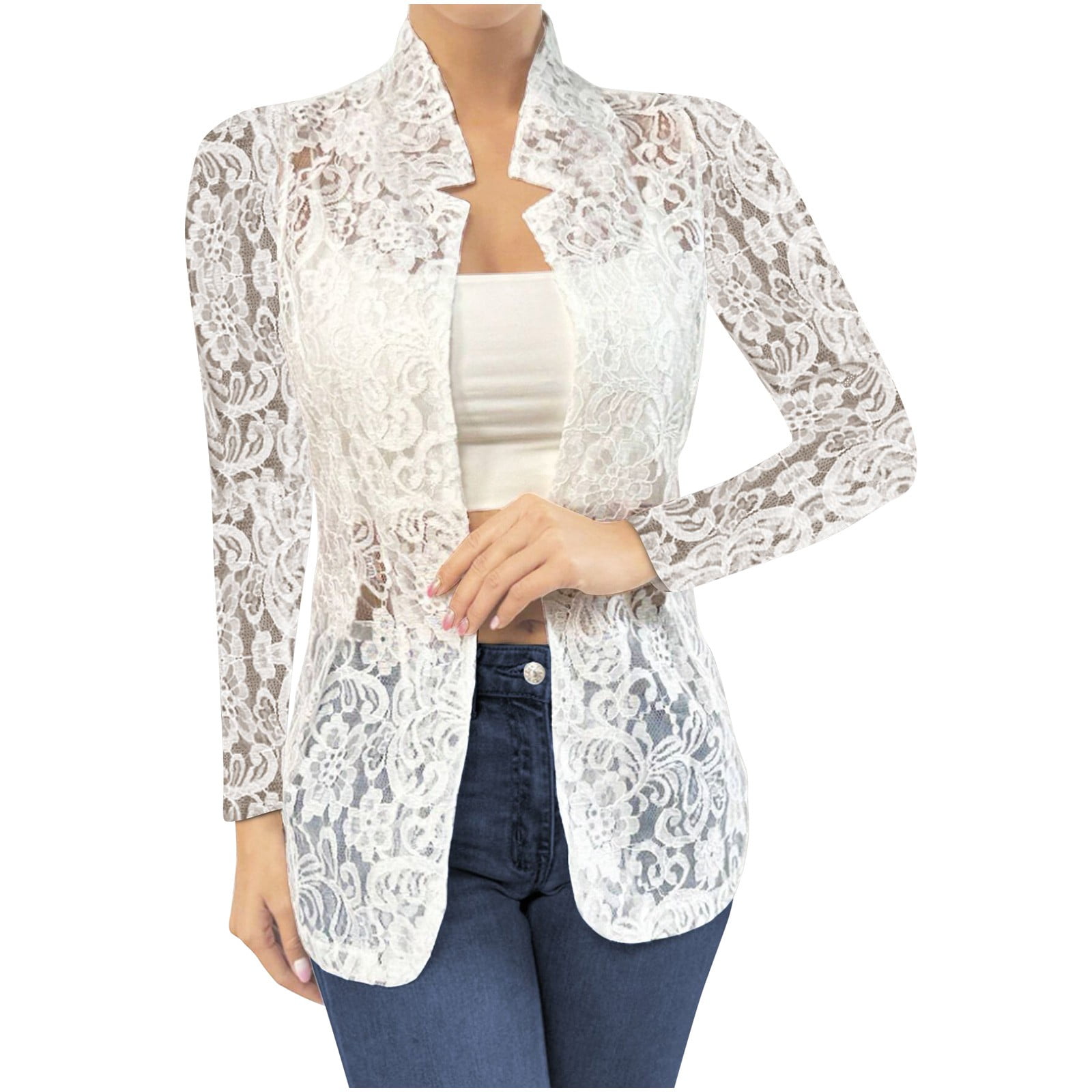 Jamicy Women's Blazers & Suit Jackets Lace Open Front Long Sleeve Sheer ...